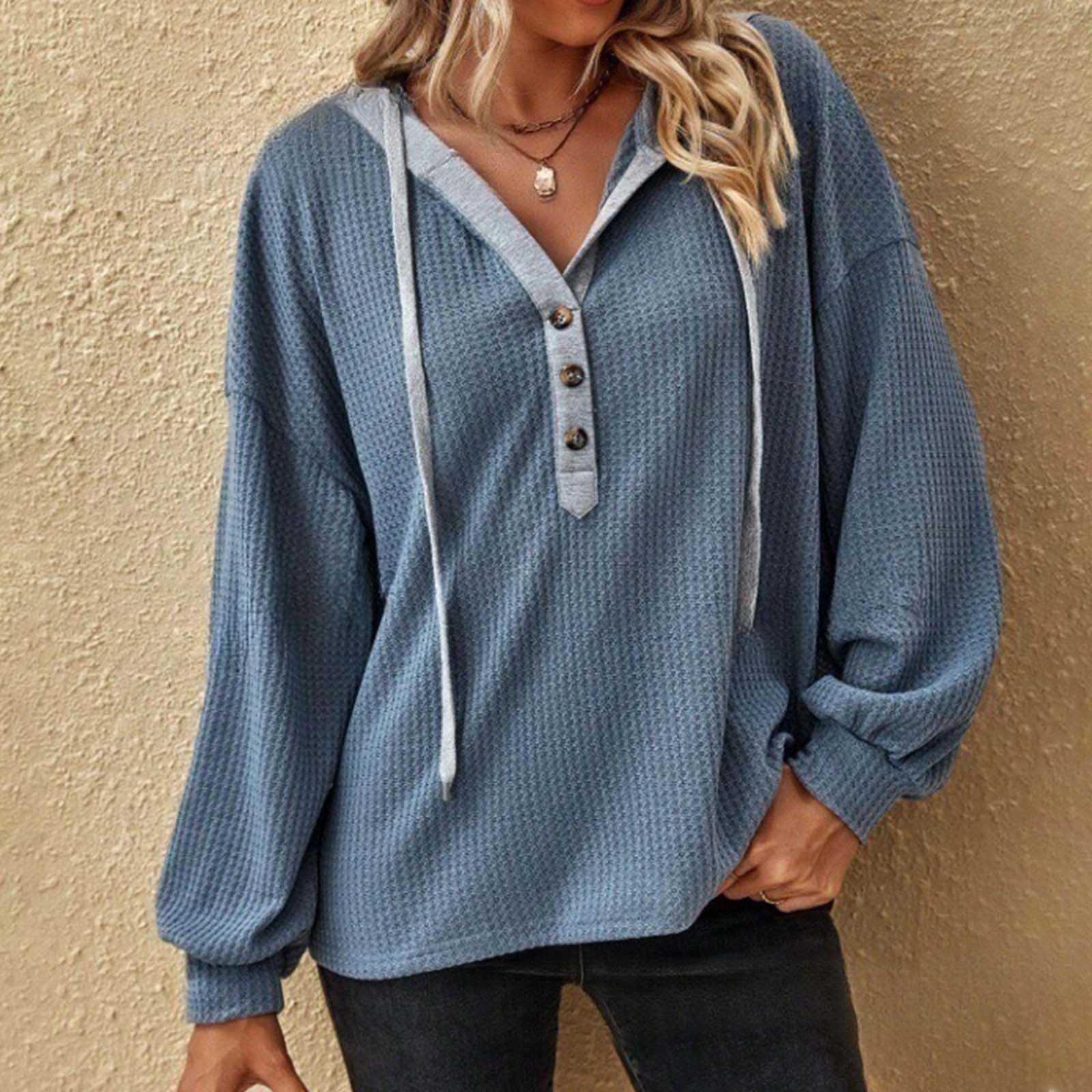 Blmnix Fall Sweatshirts for Women Blue Cute Waffle Knit Womens Going Out Tops Hooded Long Sleeve ...