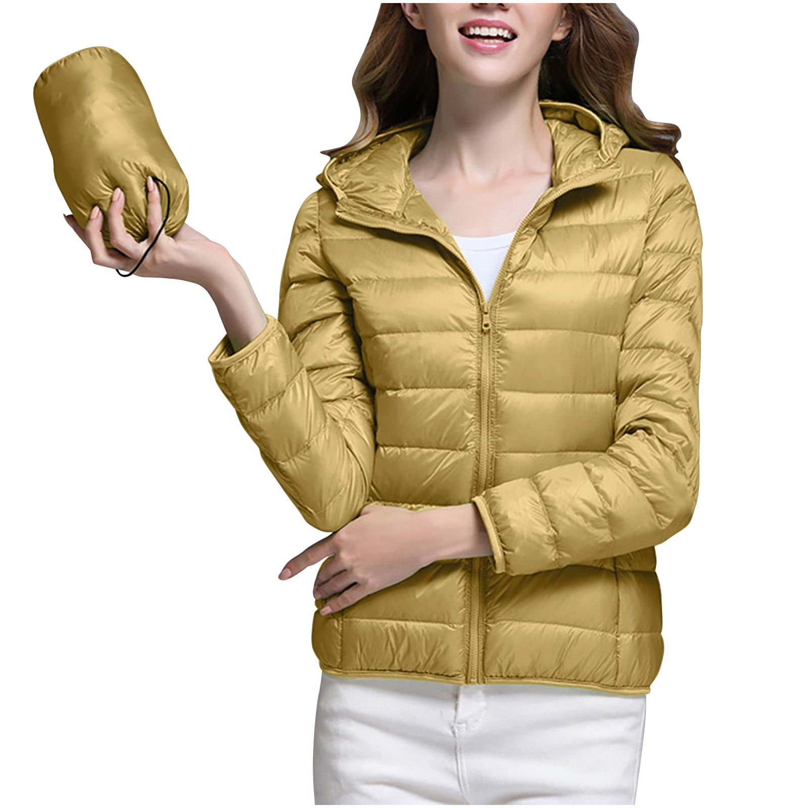 Blmnix Fall Womens Jackets Gold Packable Solid Long Sleeve Puffer Short ...