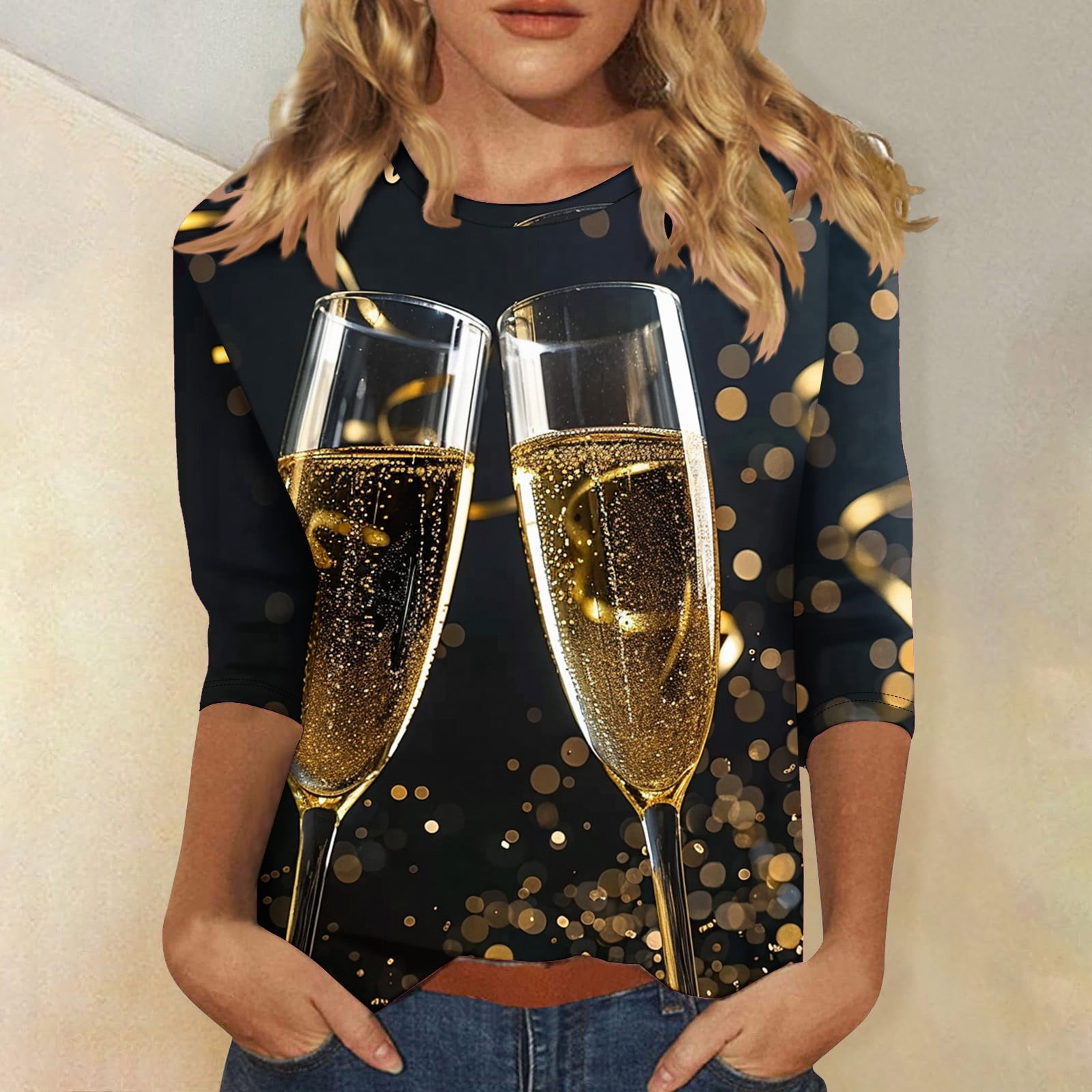 Blmnix Fall Work Tops for Women Crew Neck New Year Blouse Elbow-Length ...