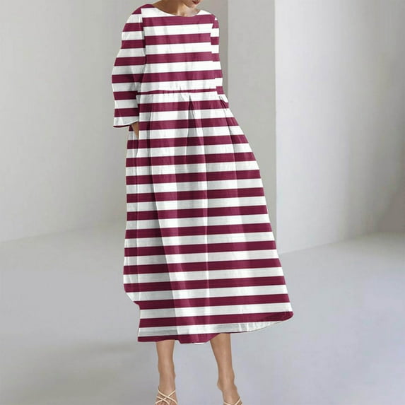 Blmnix Fancy Dresses Striped Popover Plus Size Skirt 3/4 Sleeve Crew ...