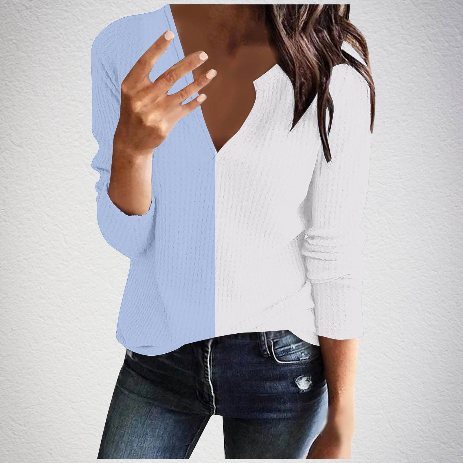 Blmnix Festival Tops Women Color Block V-Neck Light Blue Womens Work ...