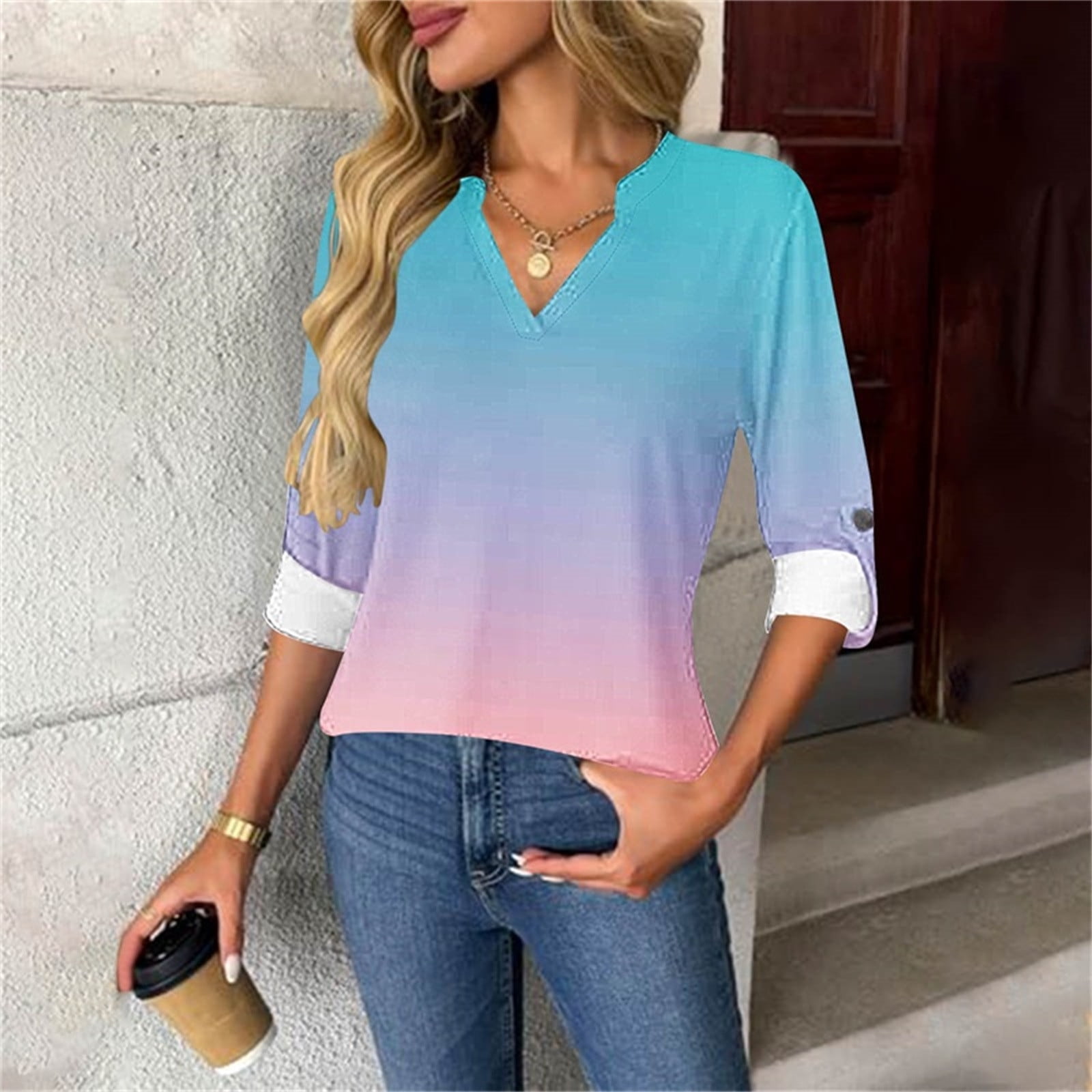 Blmnix Fit Womens Cute Tops Gradient Plus Long Sleeve Sky Blue Cute Fall Tops for Women V-Neck ...