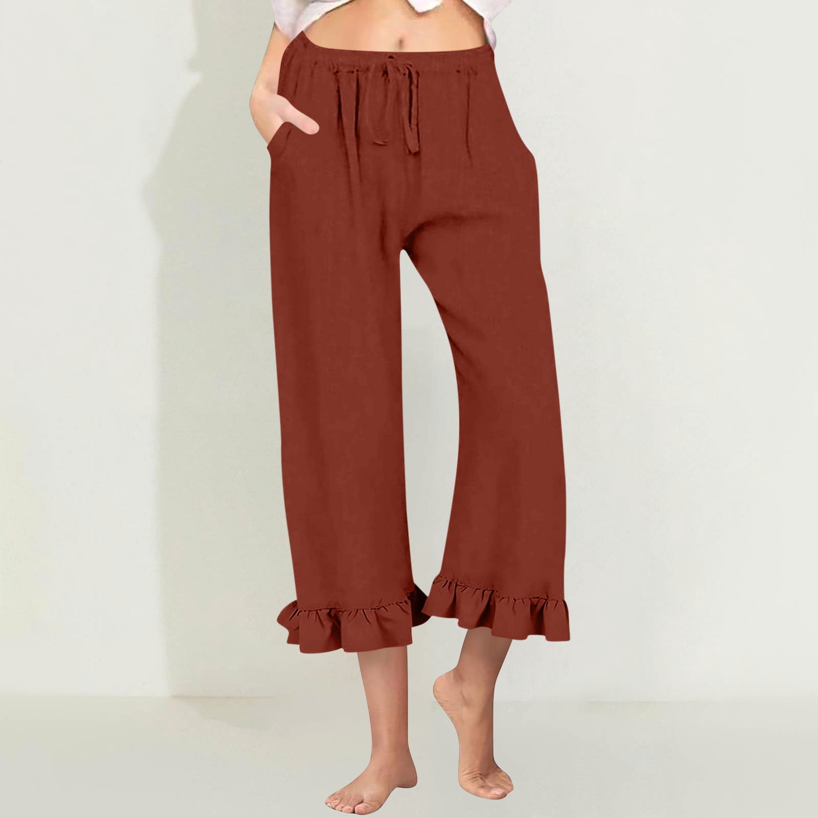 Blmnix Flounce Pants for Women Dressy Casual Wine Mid Waist Drawstring ...
