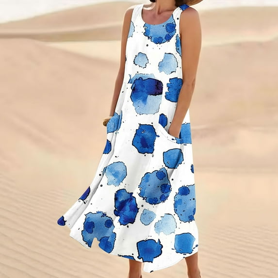 Blmnix Flowy Dresses Party Dresses for Women Holiday Tank Skirt Blue ...