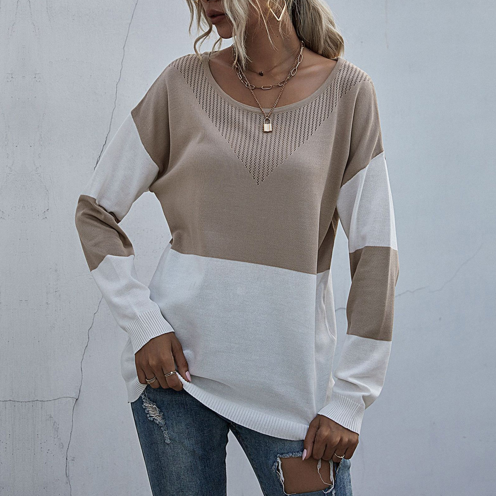 Blmnix Flowy Tops for Women V-Neck Color Block Beige Women's TShirts Long Sleeve Tunic Tops ...