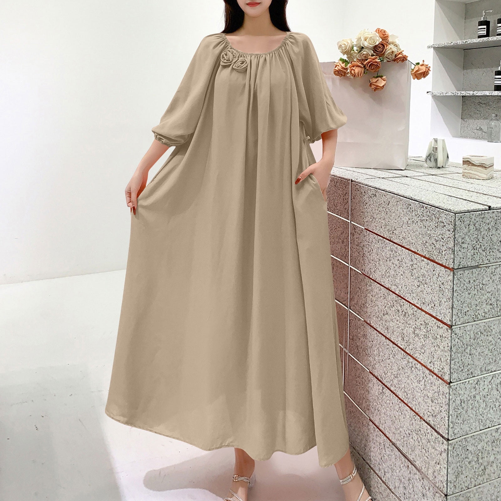Blmnix Flowy Women dresses Holiday Dresses Tunic Tea-Length Skirt Crew ...