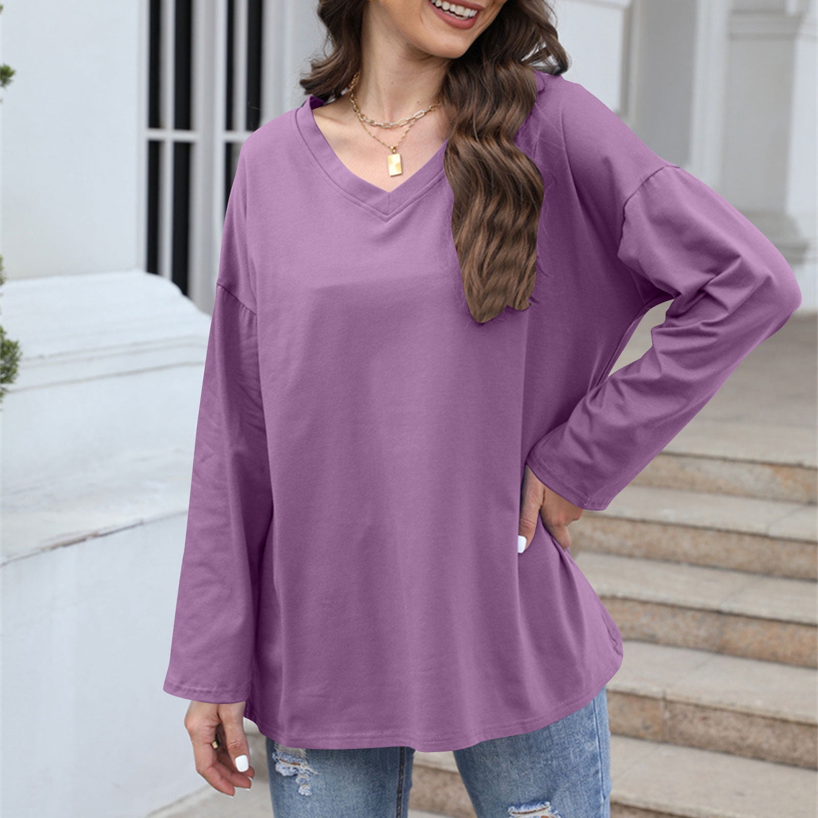 Blmnix Fringe Tops for Women Solid Color V-Neck Purple Women Graphic ...