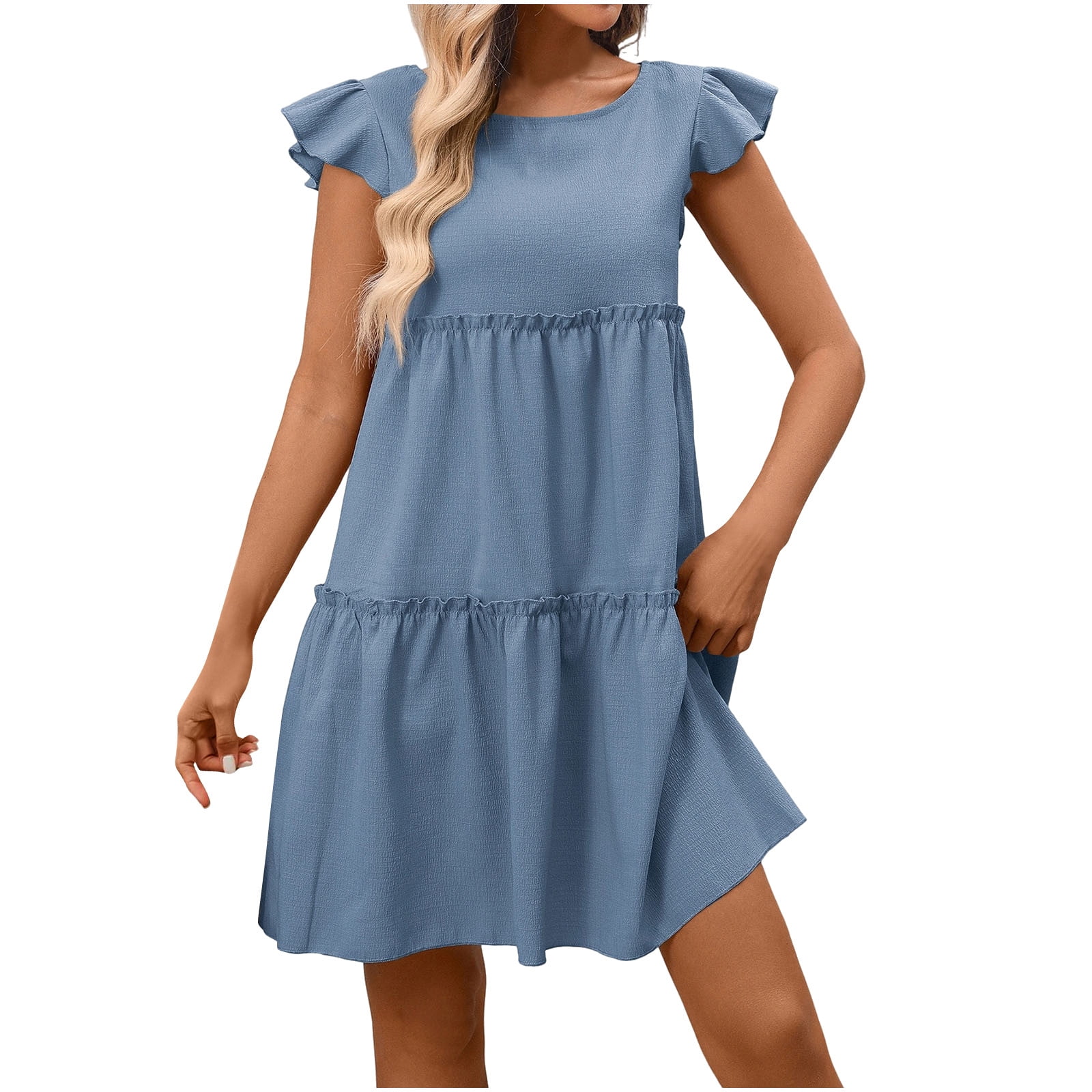 Blmnix Girls Dresses Flowy Boho Peplum Petticoat Blue Crew Neck 1/4 ...