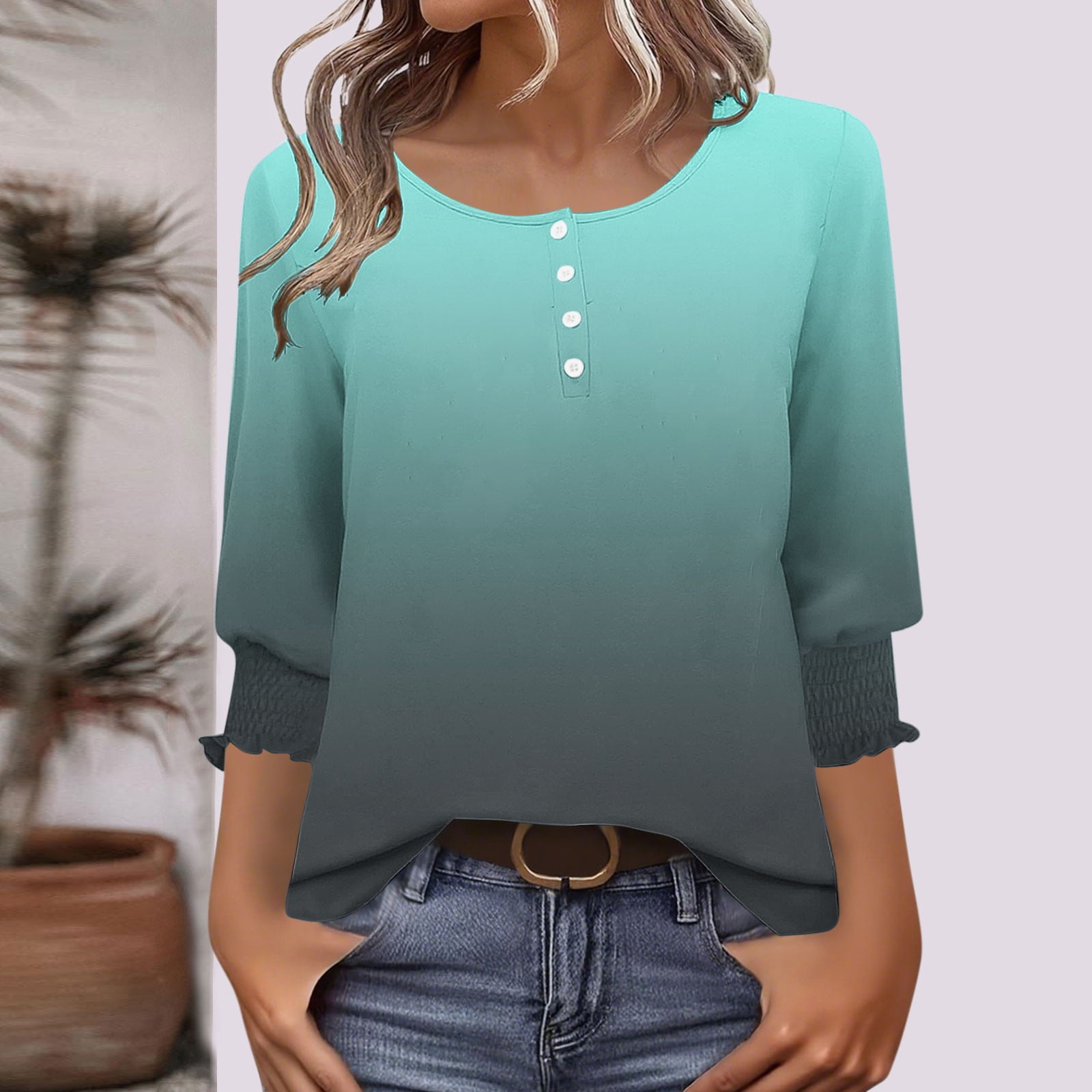 Blmnix Gradient Country Concert Tops Travel Mint Green Womans Tops 3/4 ...