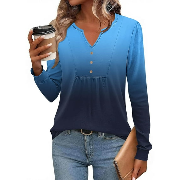 Blmnix Gradient Oversized Tees for Women Long Sleeve Loose Fit Trendy Blue Womens Boho Tops V ...