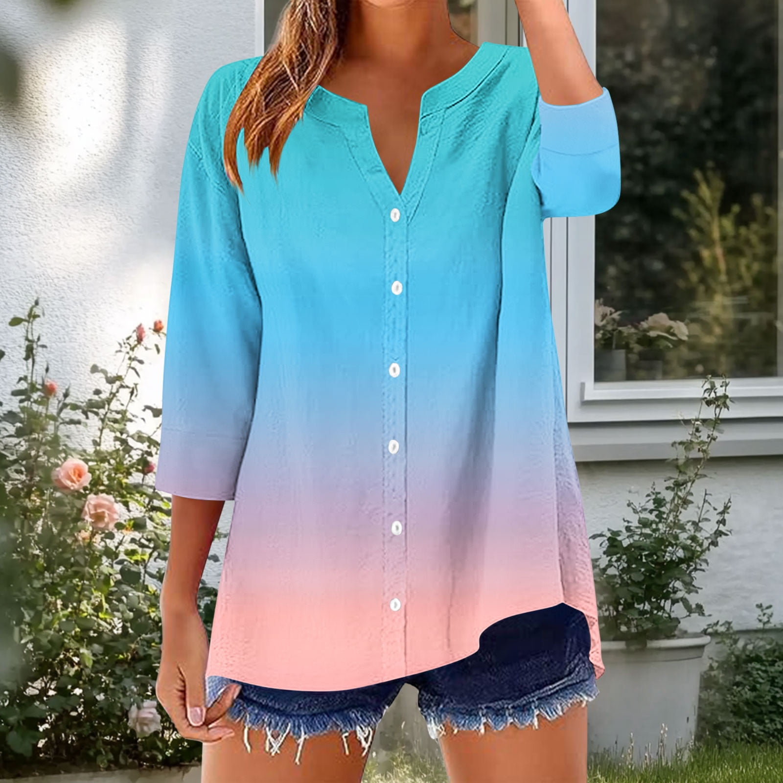 Blmnix Gradient Plus Size Blouses for Curvy Women Work Sky Blue 3/4 Sleeve Casual Cute Fall Tops ...