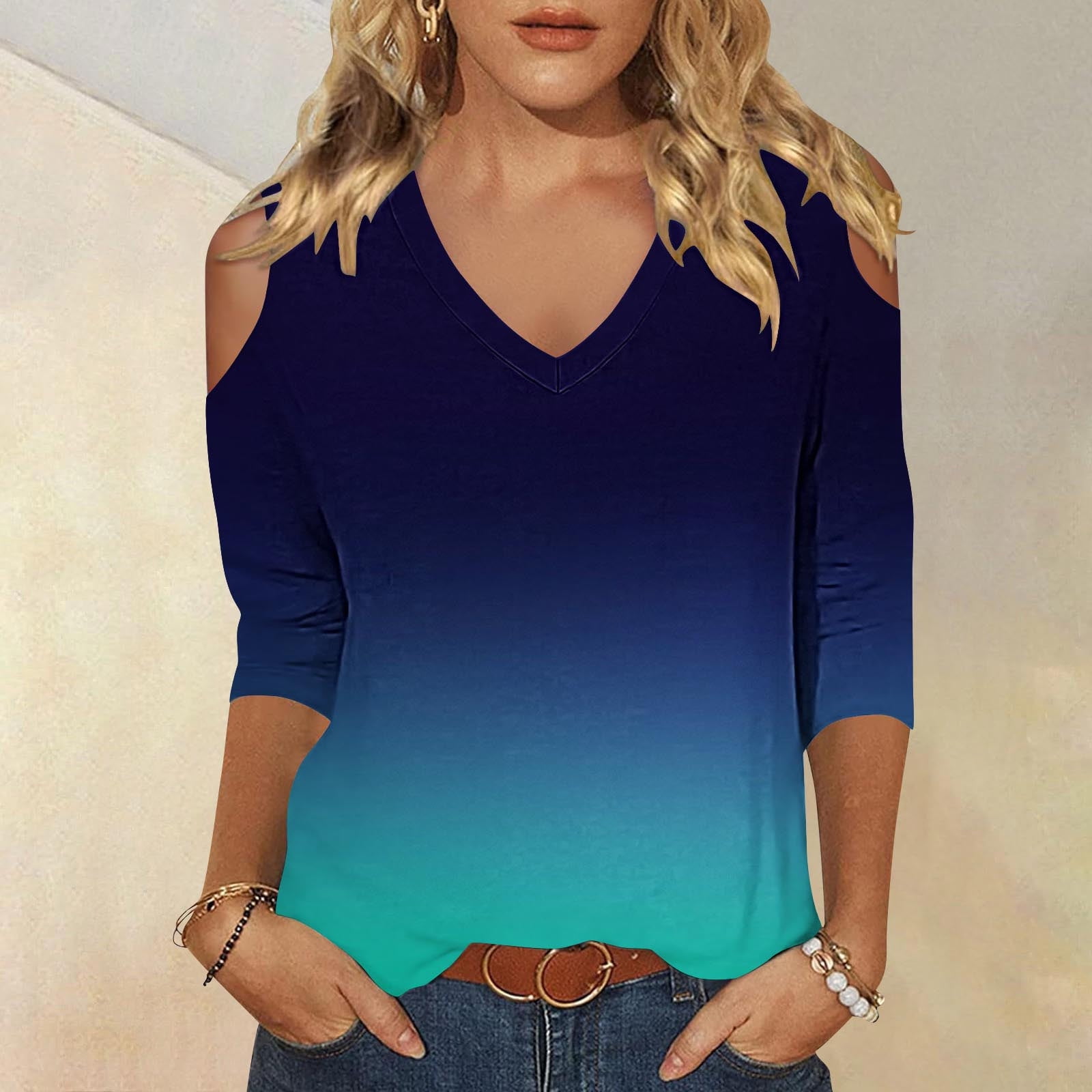 Blmnix Gradient Vintage Tops Navy V-Neck Cut Out Tees 3/4 Sleeve Novelty Y2k Shirts for Women ...