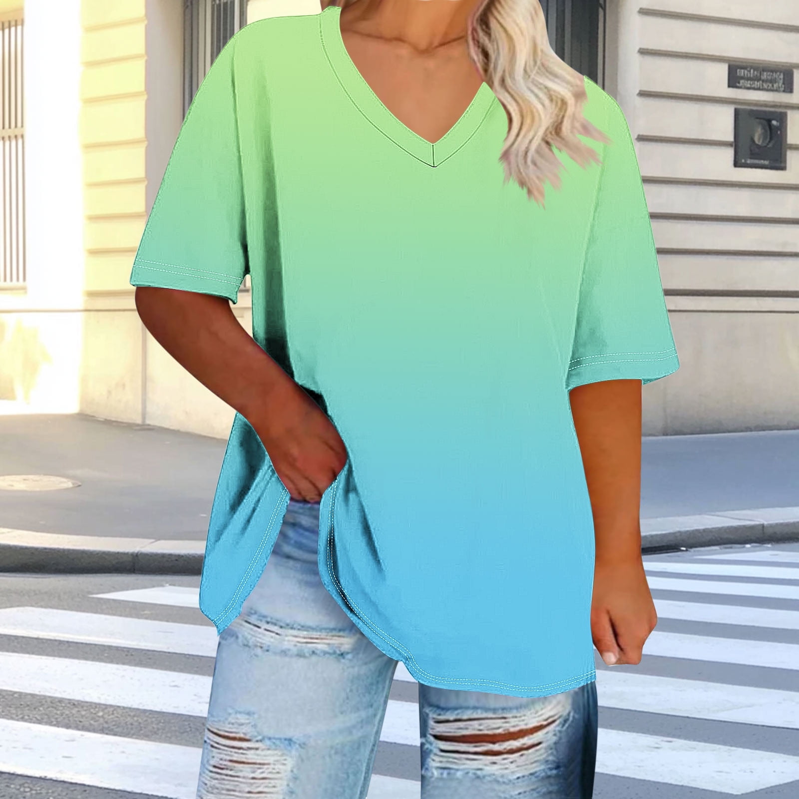 Blmnix Gradient Women Shirts Green Basic Tops V-Neck Elbow-Length ...