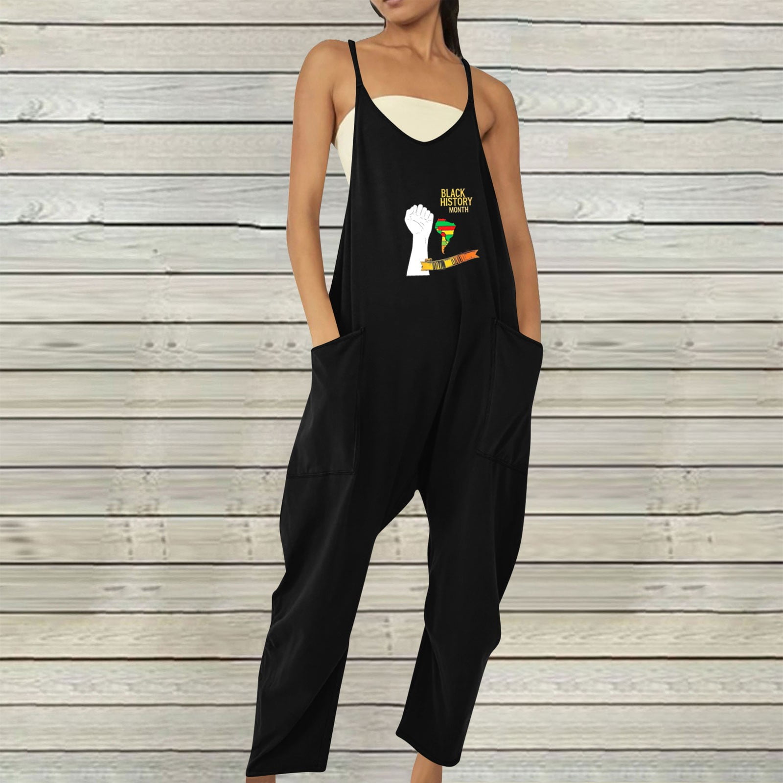 Blmnix Graphic Comfy Pants Women Black Shoulder Strap Rompers For Women ...