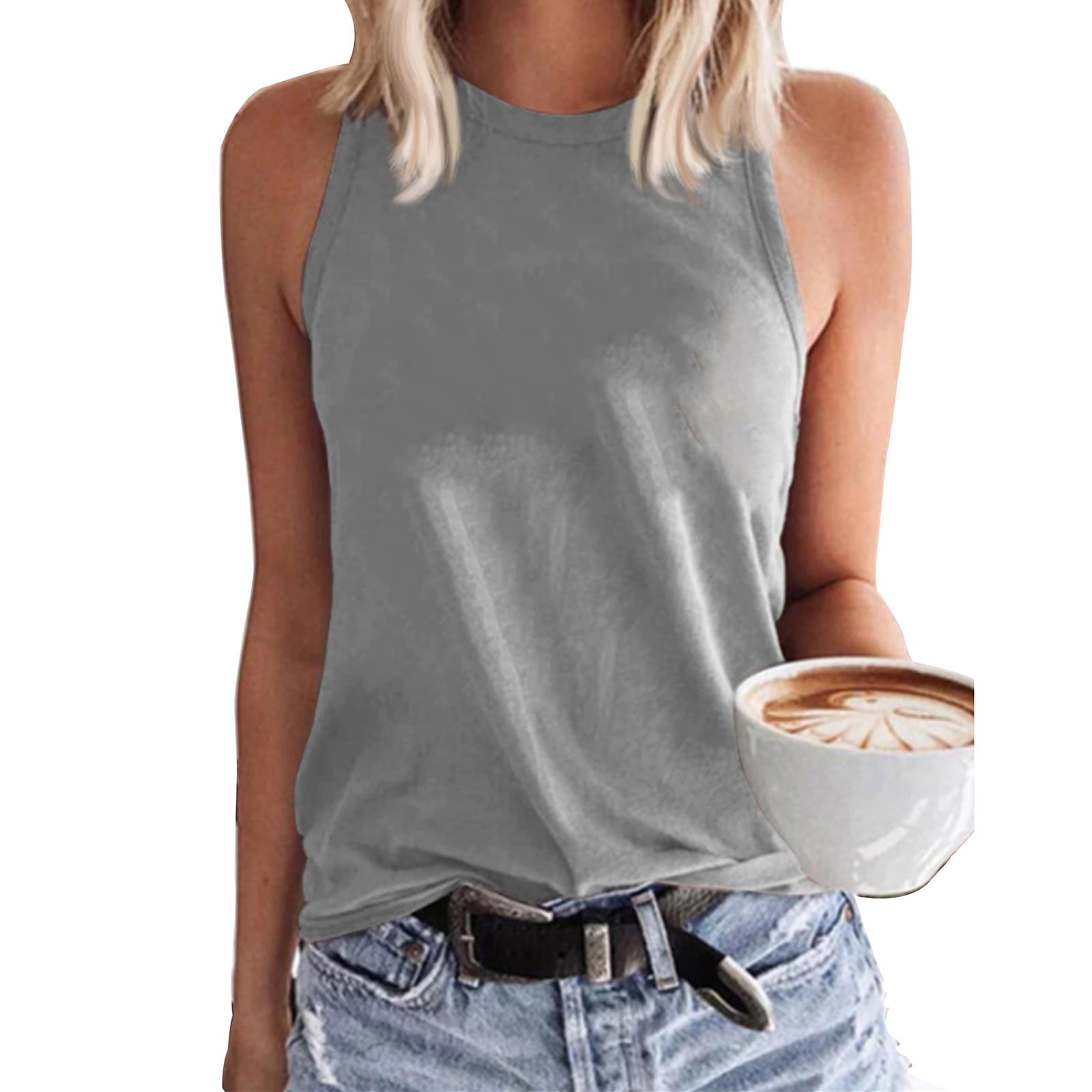 Blmnix Gray Summer Womens Tops Trendy Sleeveless Solid Basic Crew Neck ...