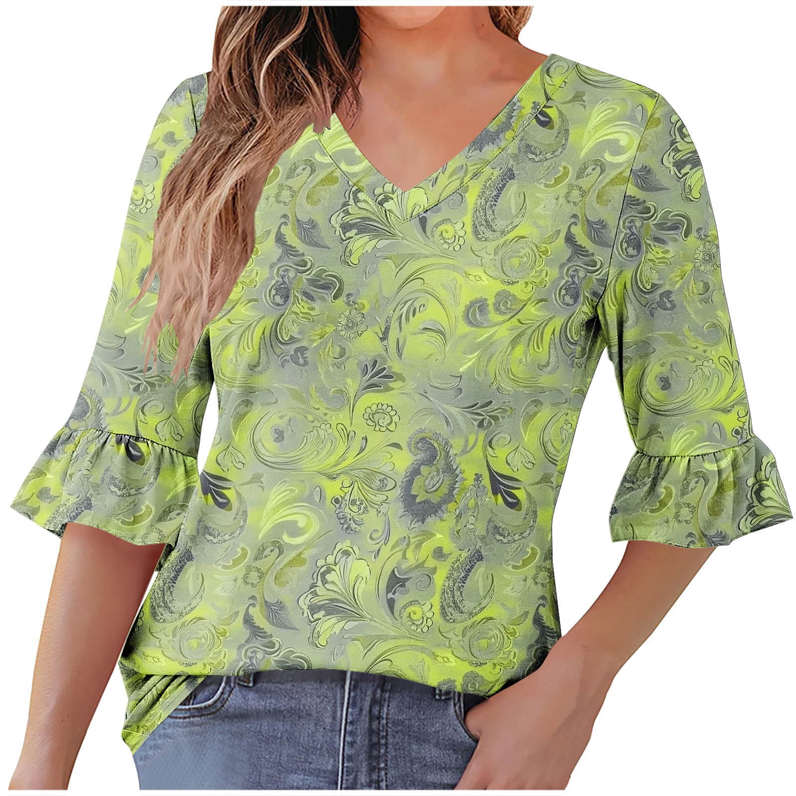 Blmnix Green Tees for Women V-Neck Floral Fashion Festival Tops Relaxed ...