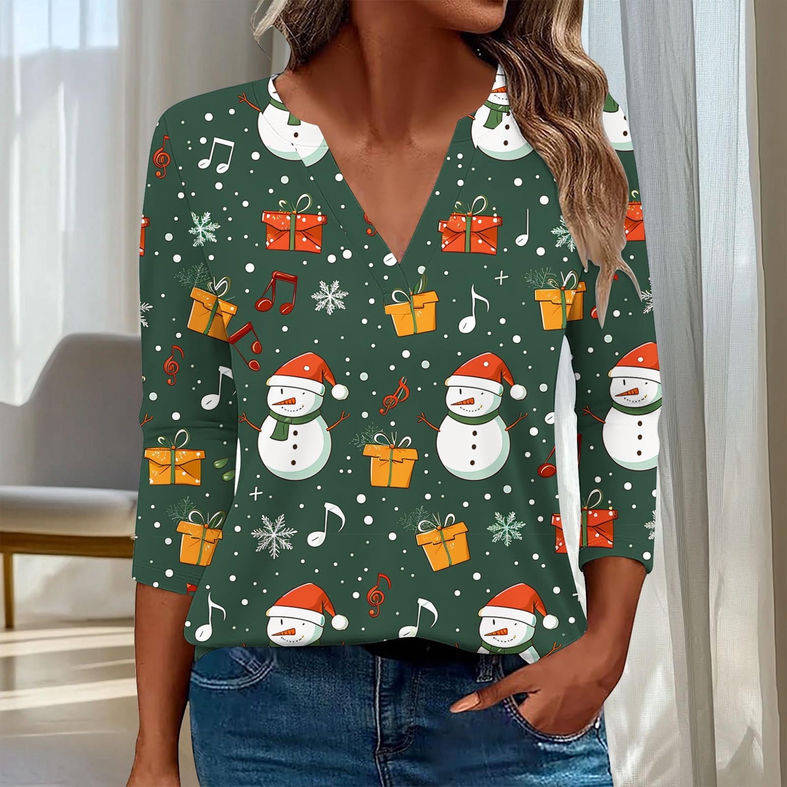 Blmnix Green Trendy Tops for Women 2025 V-Neck Christmas 3/4 Sleeve ...