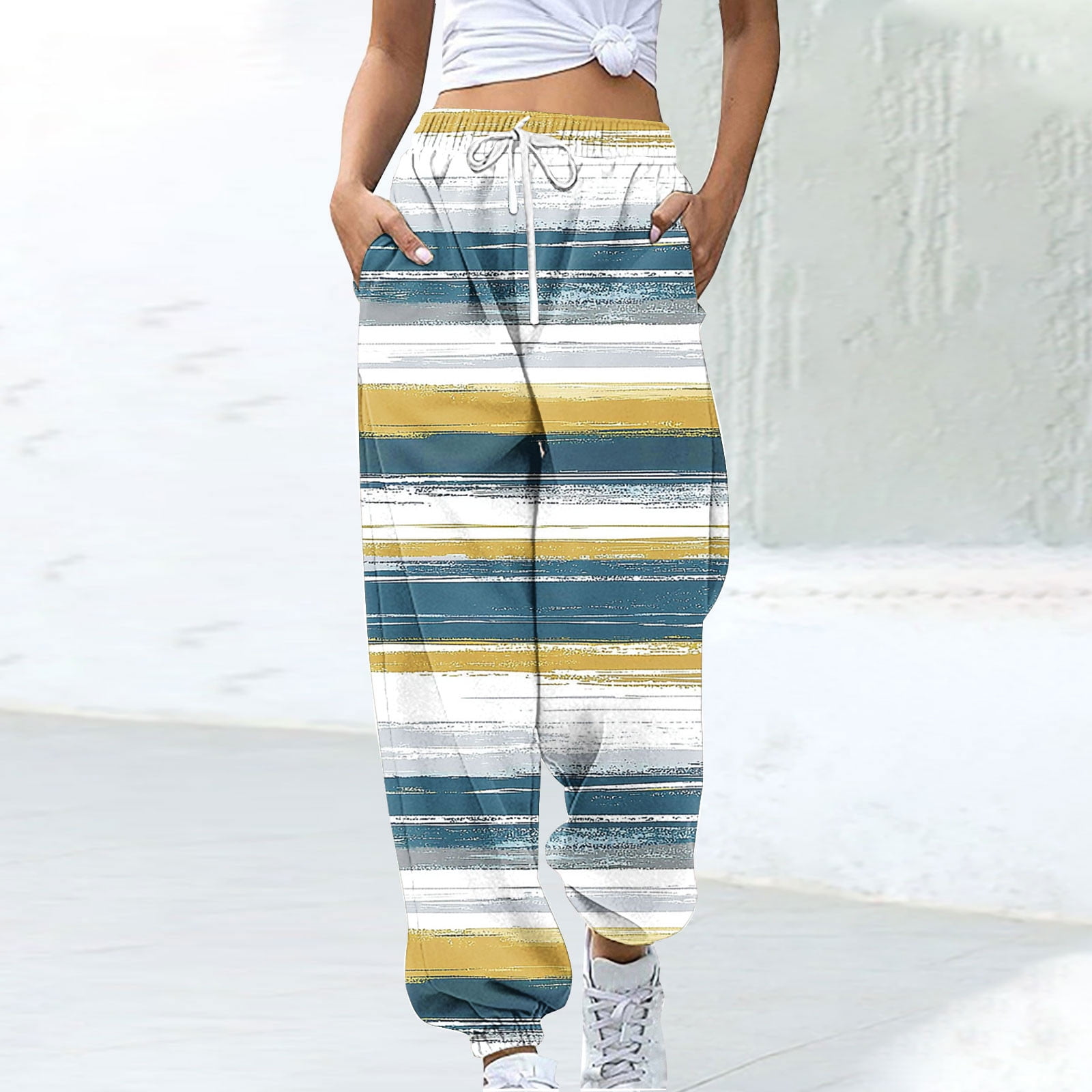 Blmnix High Waist Training Pants Business Office Joggers Striped Army ...