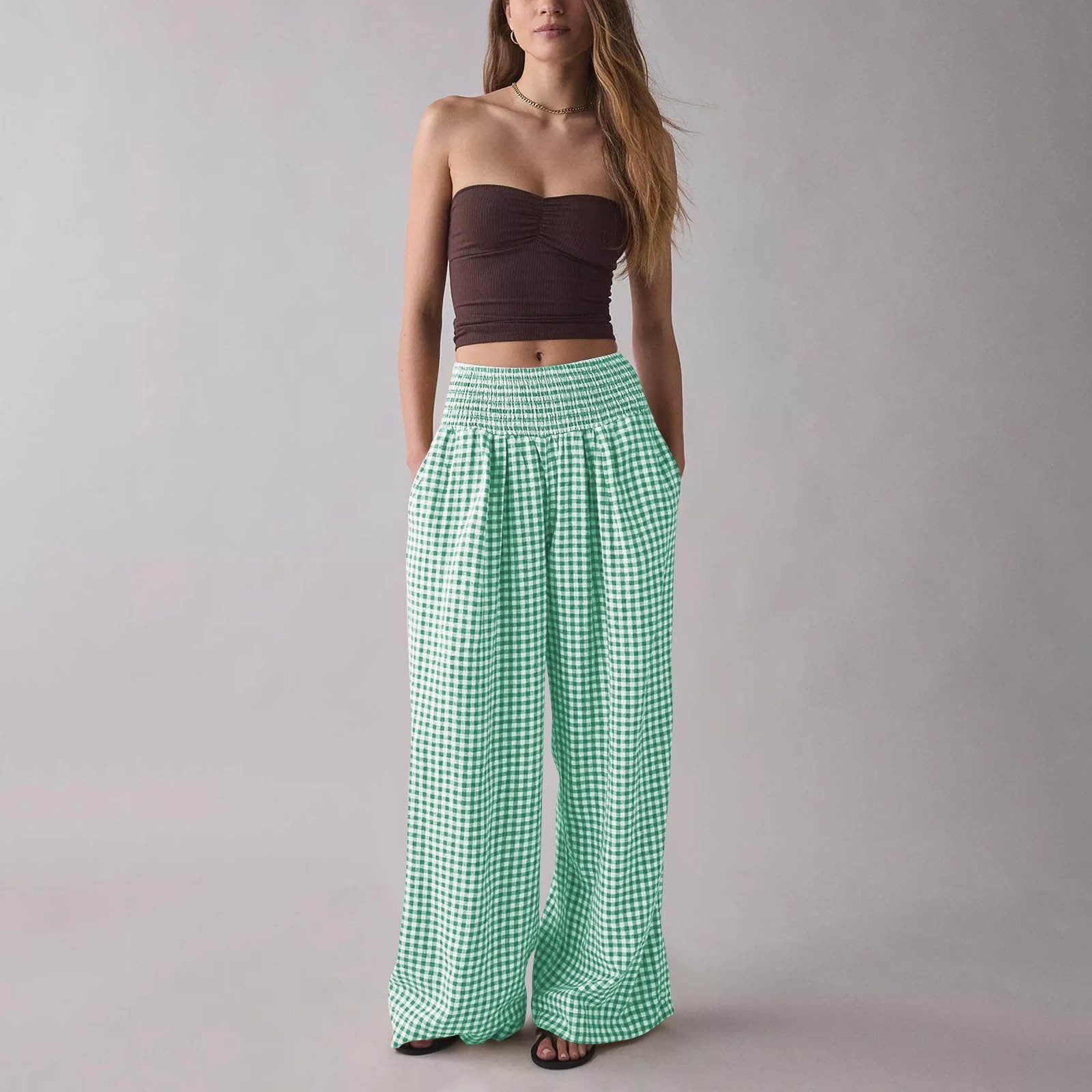 Blmnix High Waist Trousers Pants for Women Palazzo Green Fashion Plaid ...