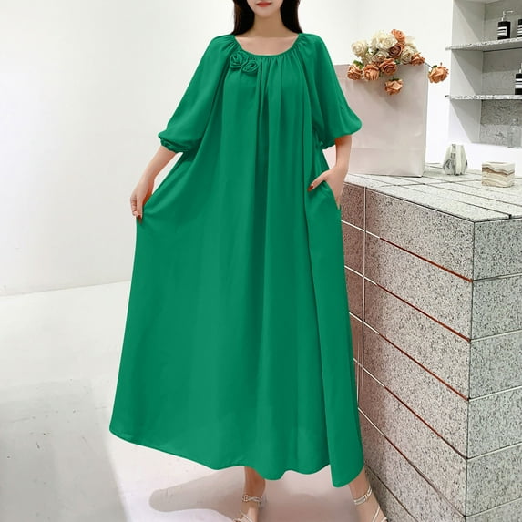 Blmnix Holiday Dresses Women dresses Tunic Flowy Tea-Length Dress Green ...