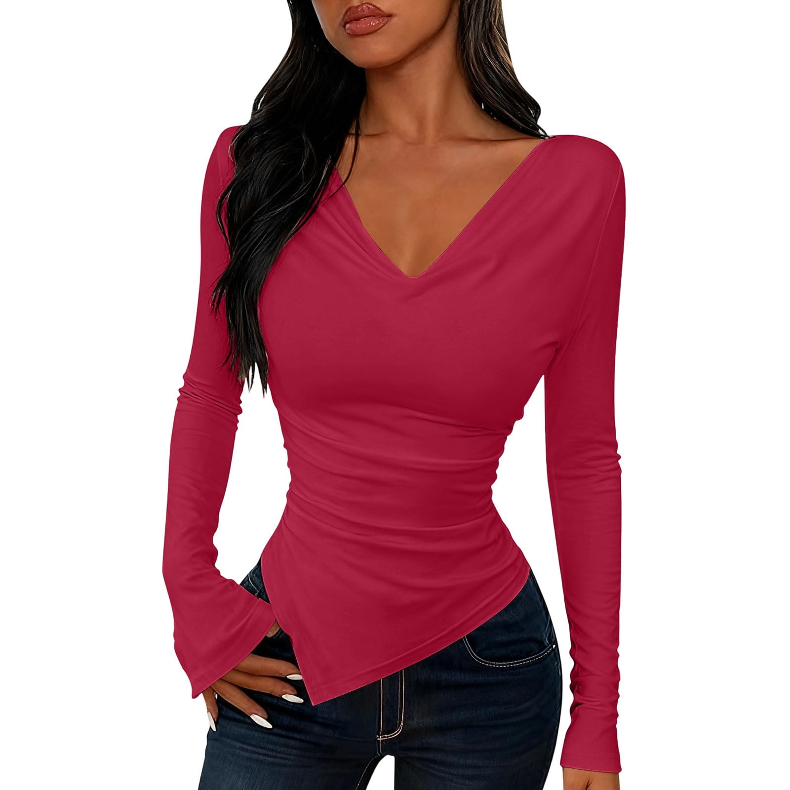 Blmnix Ladies Summer Tops Side split Corset Tunic T-shirts Red V-Neck ...