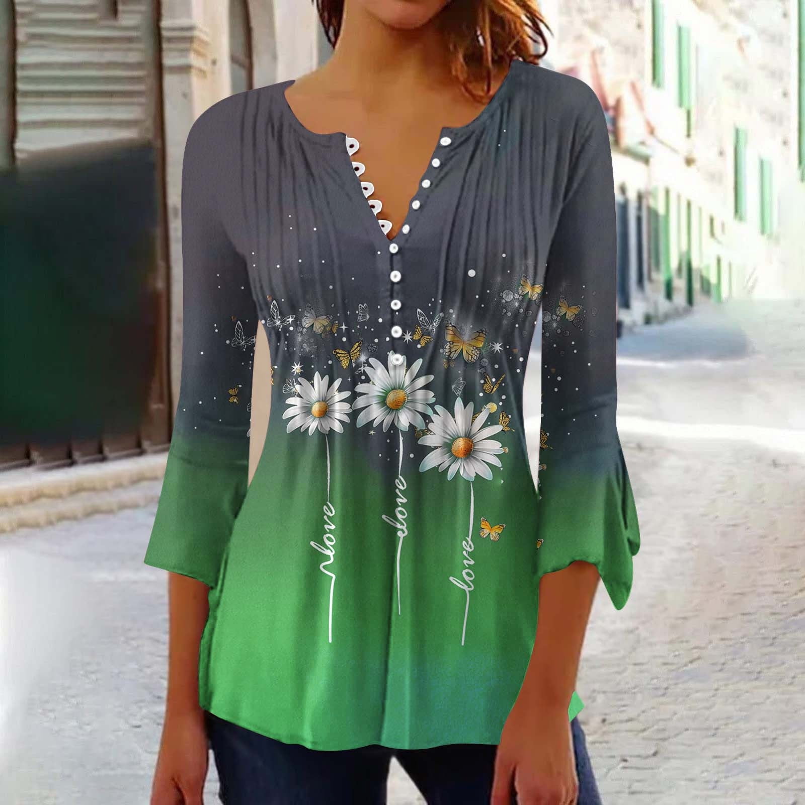 Blmnix Ladies Tops and Blouses Gradient&Floral Ruched Basic Tops 3/4 ...