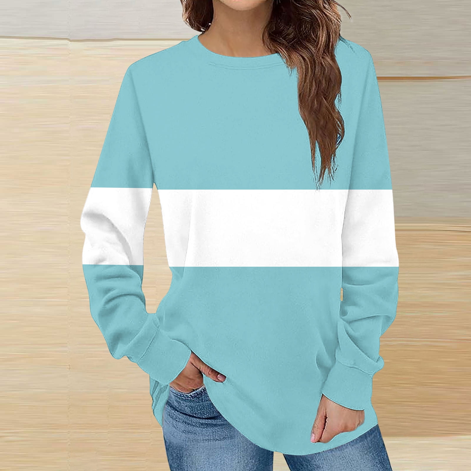 Blmnix Light Blue Sweatshirt Women Pullover Business Color Block Womens ...