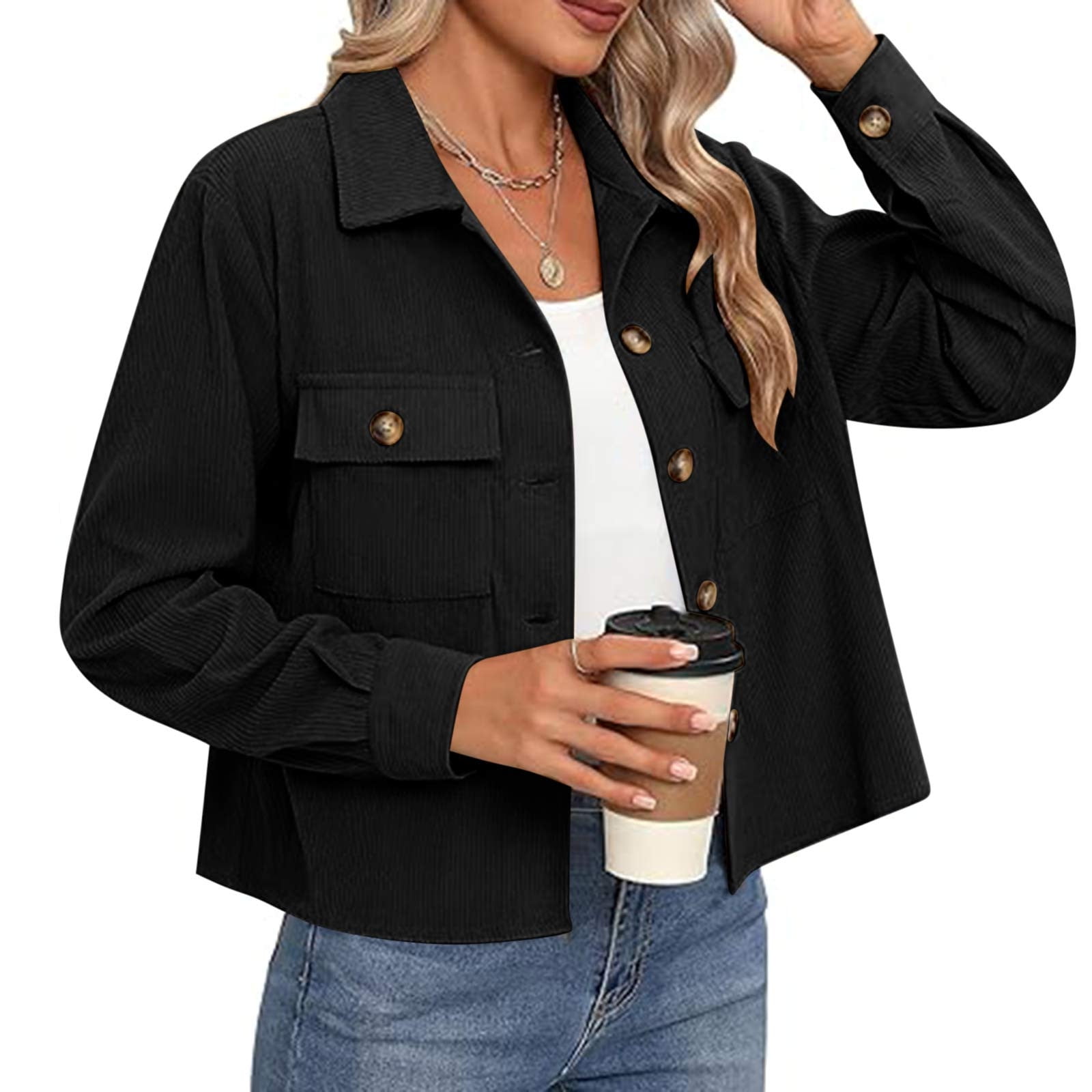 Blmnix Light Womans Jackets Black Corduroy Solid Cropped Long Sleeve ...