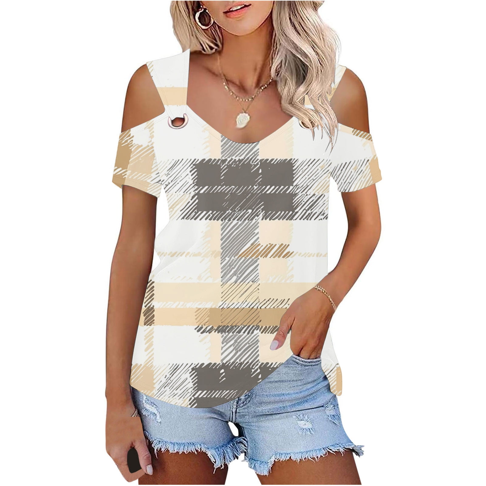 Blmnix Lightweight Summer Tops for Women Plaid Short Sleeve Off the ...