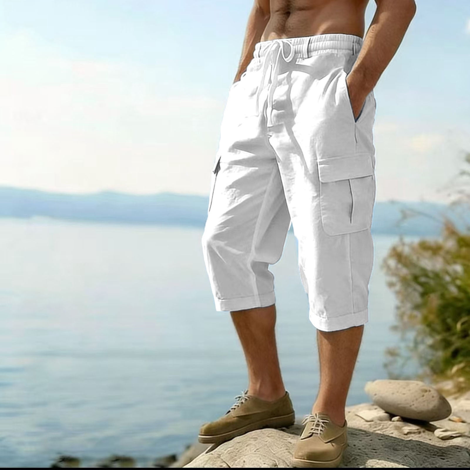 Blmnix Linen Pants Pants Men Cargo Short Pants Baggy Leggings Low ...