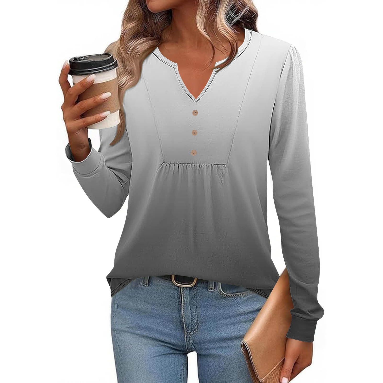 Blmnix Loose Basic Tees Long Sleeve Gradient 2025 Gray Business Blouses ...