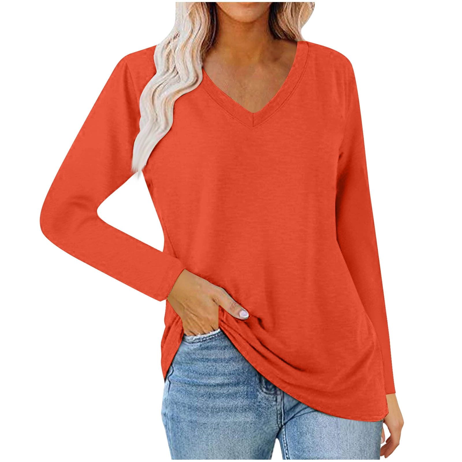 Blmnix Lounge Plus Size Blouses Orange Trendy 2025 Plain Womens Fitted ...