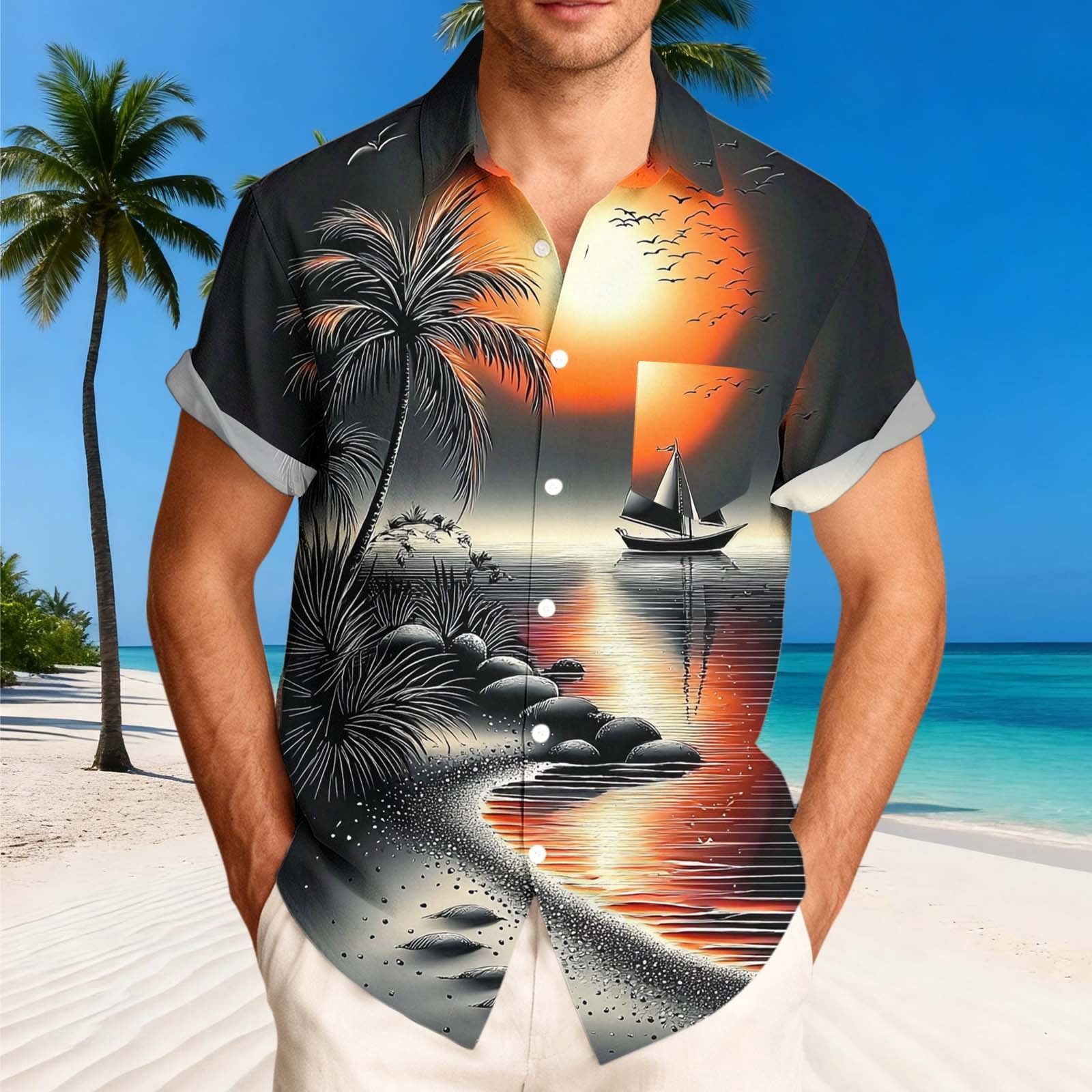 Blmnix Mens Shirts Beach Shirts Hawaiian Shirt Guide Tops Orange Short ...