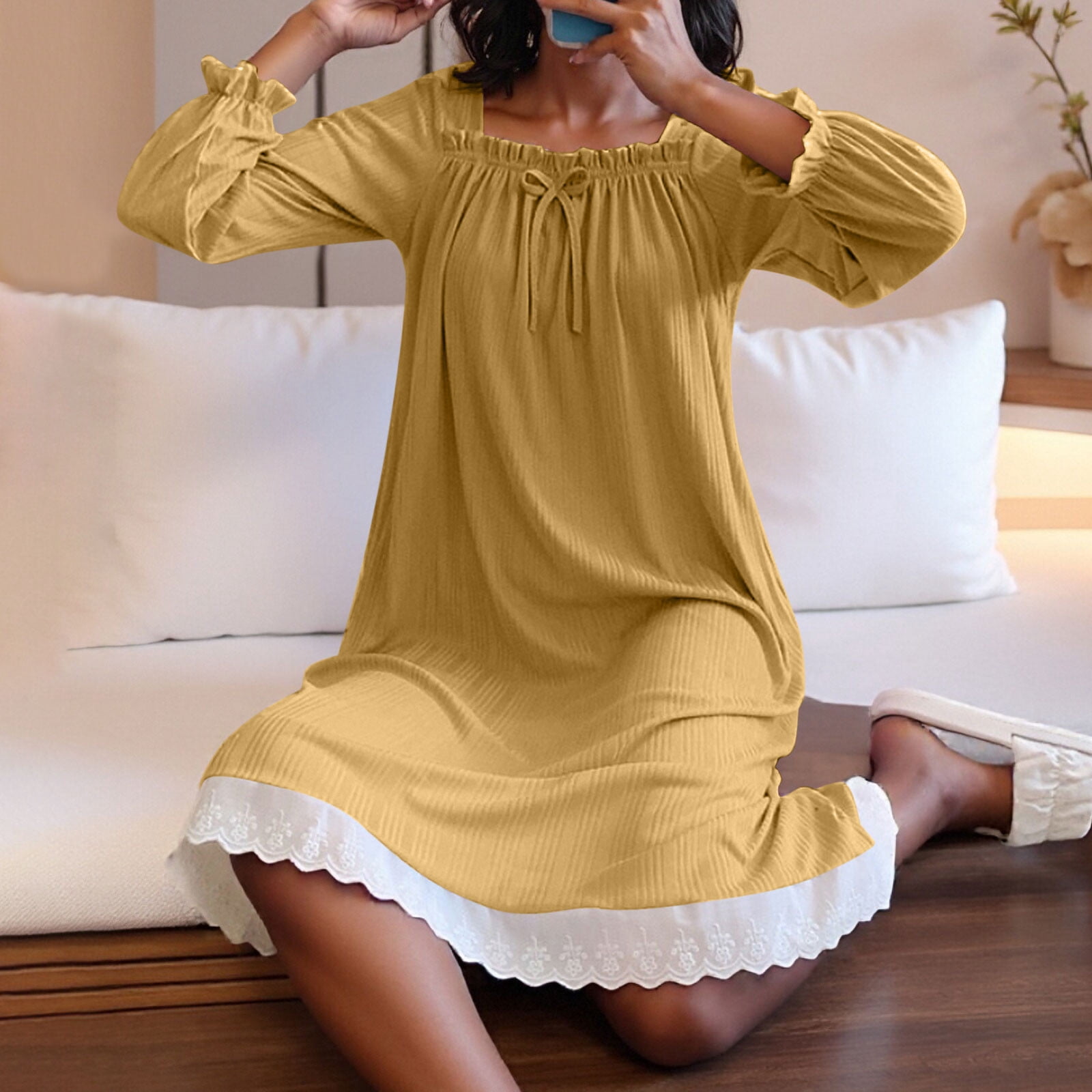 Blmnix Moomoo Womens Nightgowns Long Sleeve Square Neck Sleep Dress ...