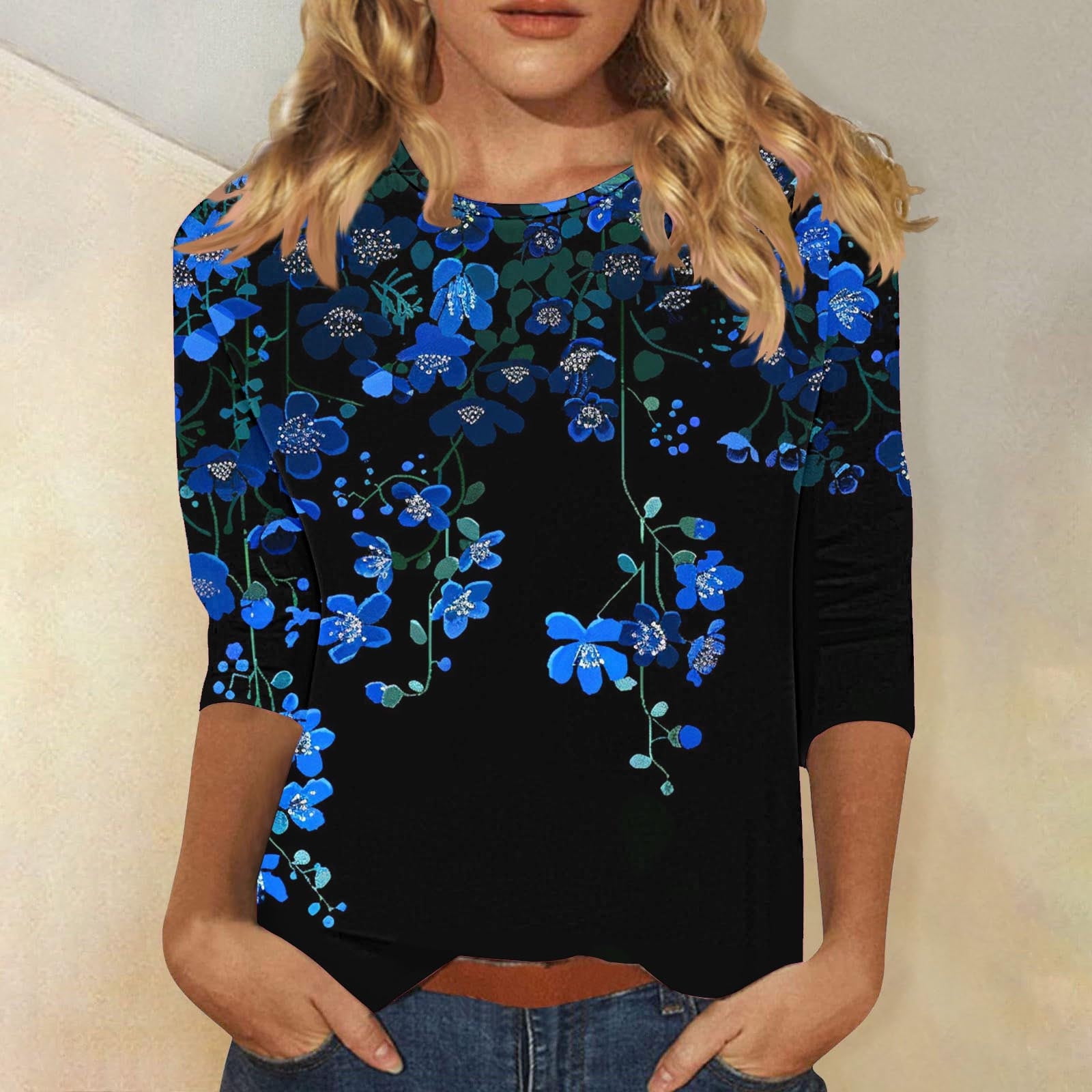 Blmnix Plus Size Tops for Curvy Women Print Trendy 3/4 Sleeve Crew Neck ...
