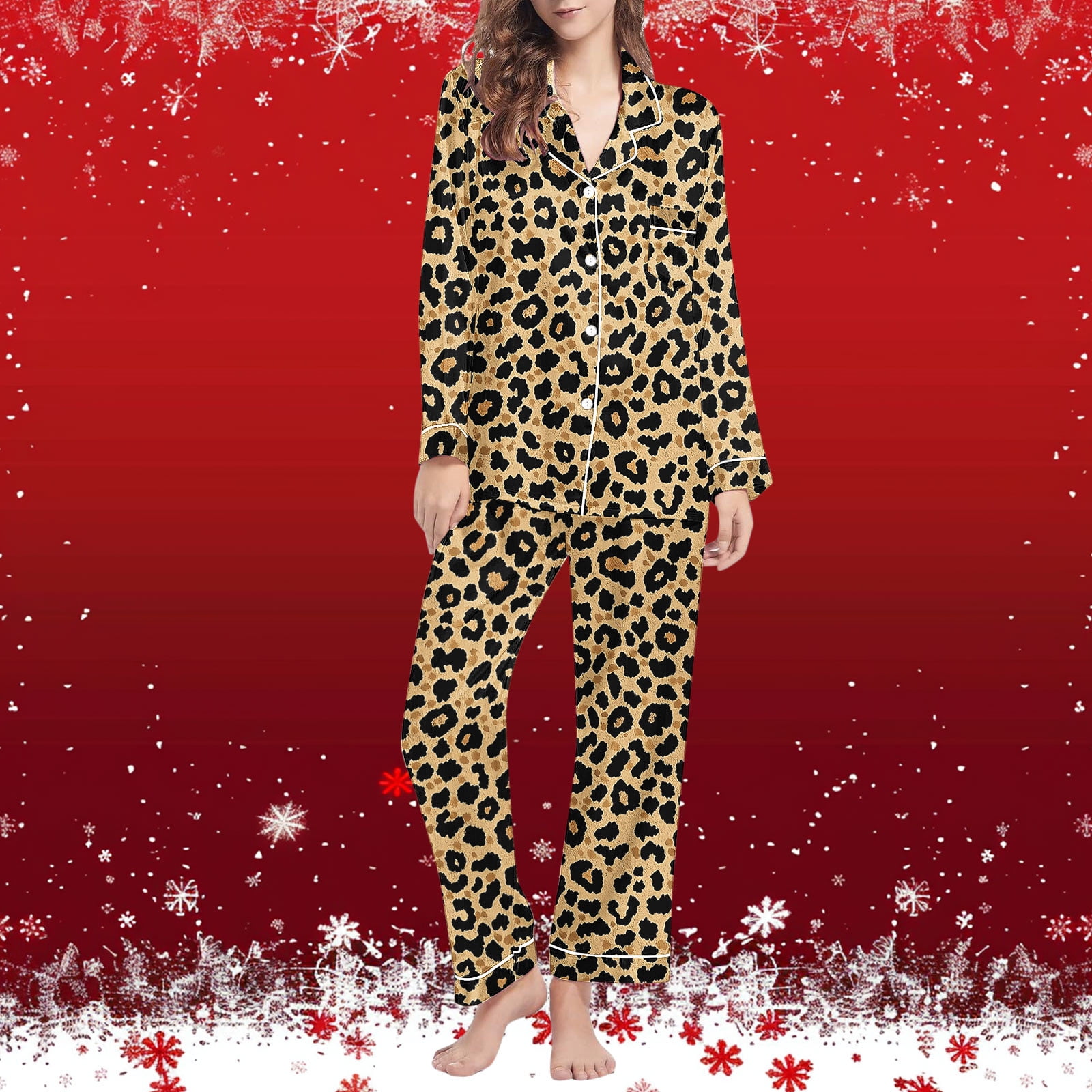Blmnix Pajama Pants Women Cheetah Print Sleepwear Sets Button Up Tops ...