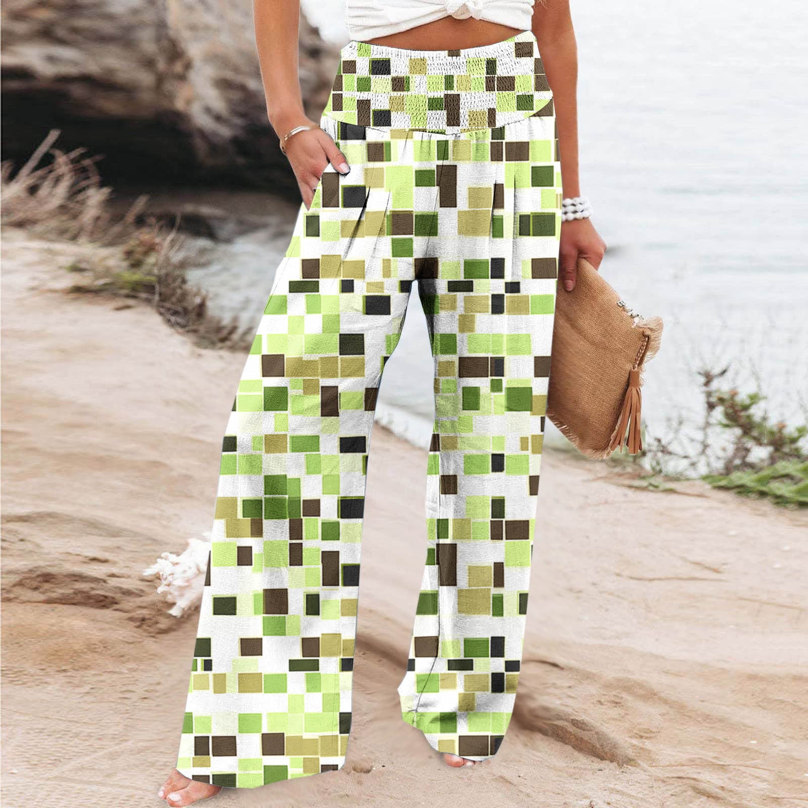 Blmnix Palazzo Womens Pants Cotton Pants Plaid Pants Baggy Sweatpants ...