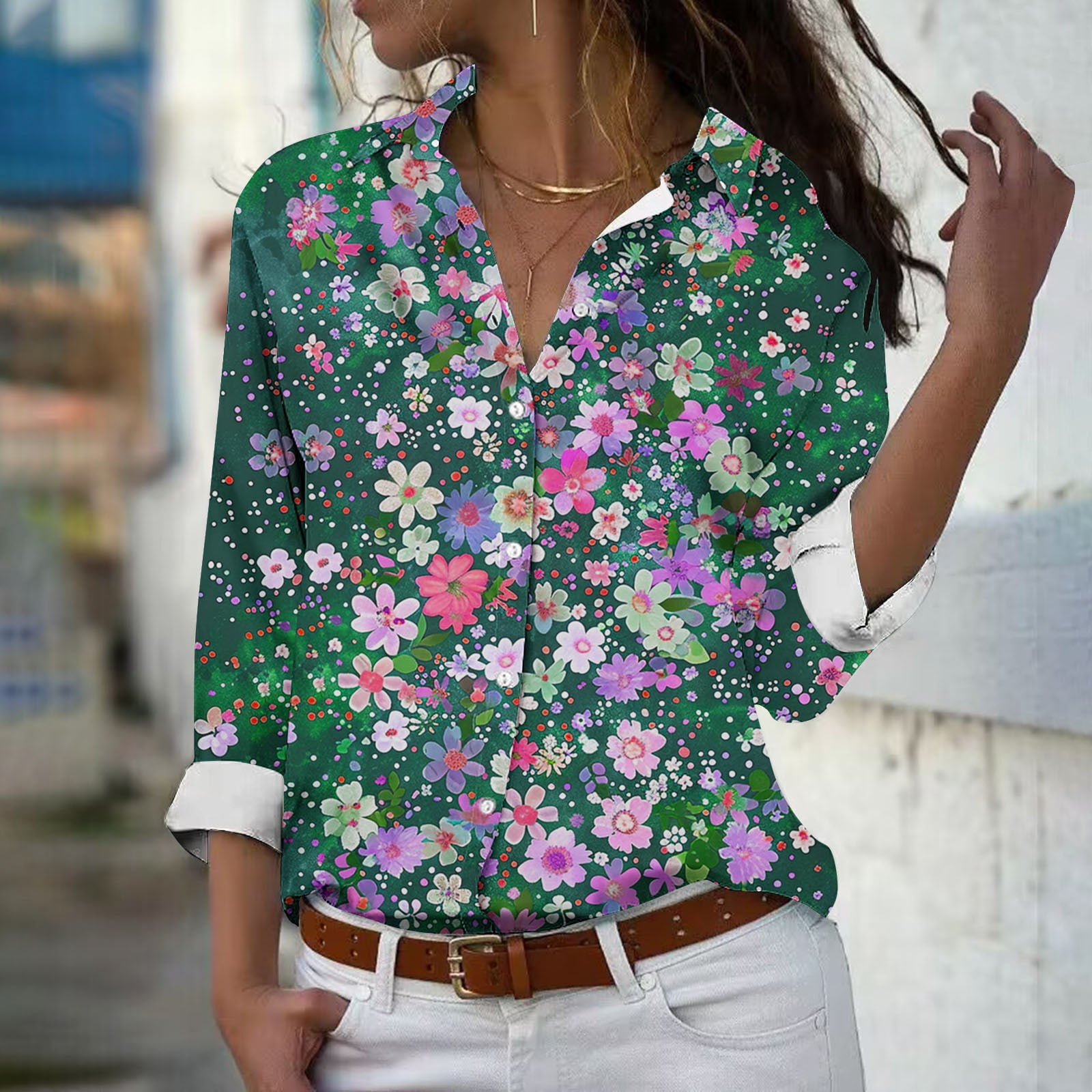 Blmnix Pink Button Down Shirts for Women Ditsy Floral Peasant Casual ...