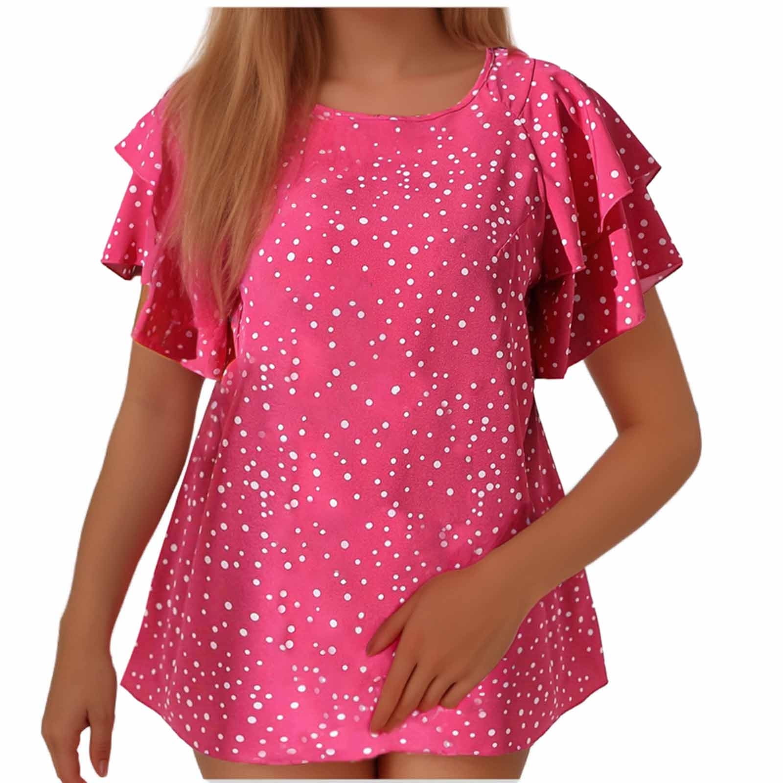 Blmnix Pink Womens Tops Summer Ruffle Sleeves Short Sleeve Crew Neck ...