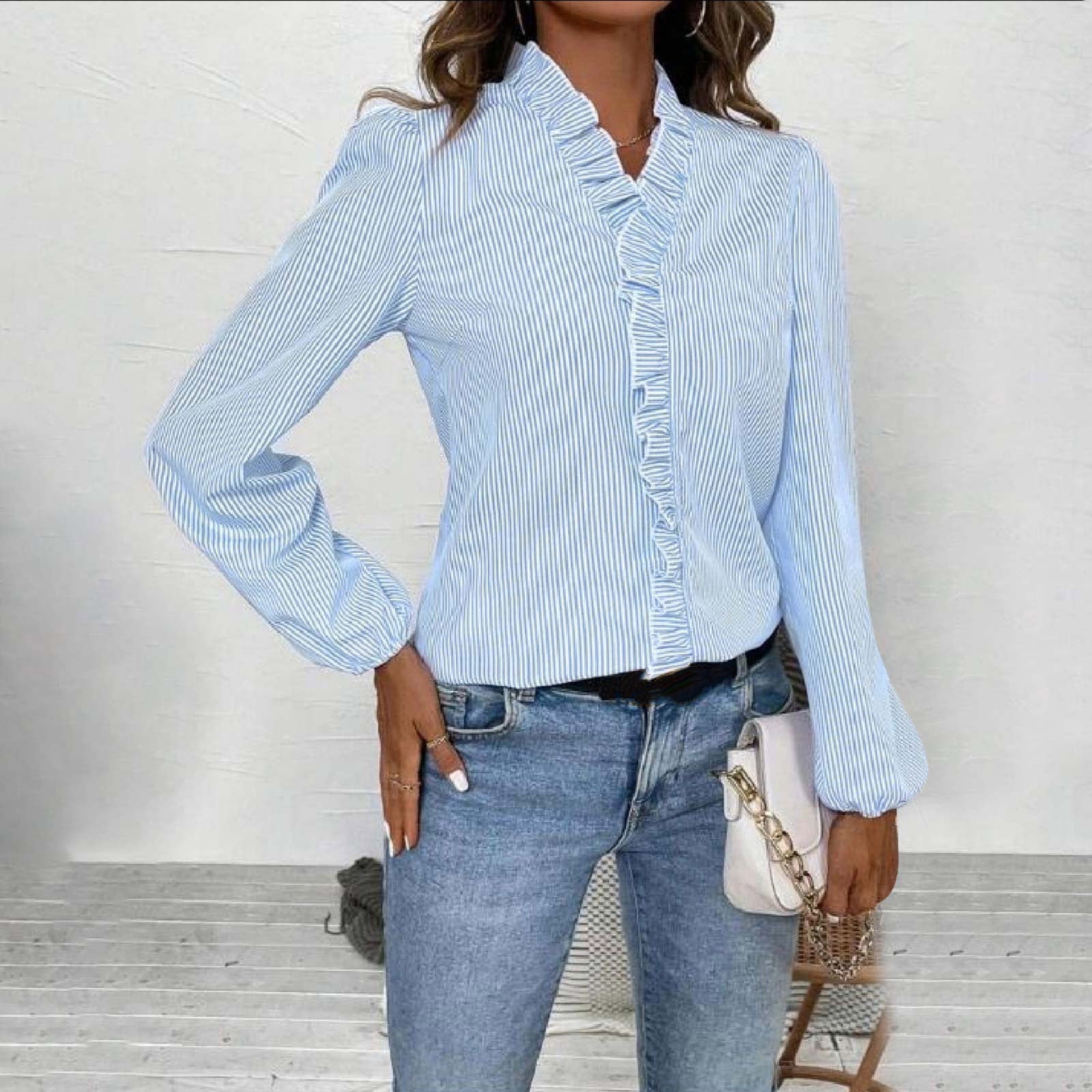 Blmnix Pinstripe Women Blouses Fall Light Blue V-Neck Women's Tops ...