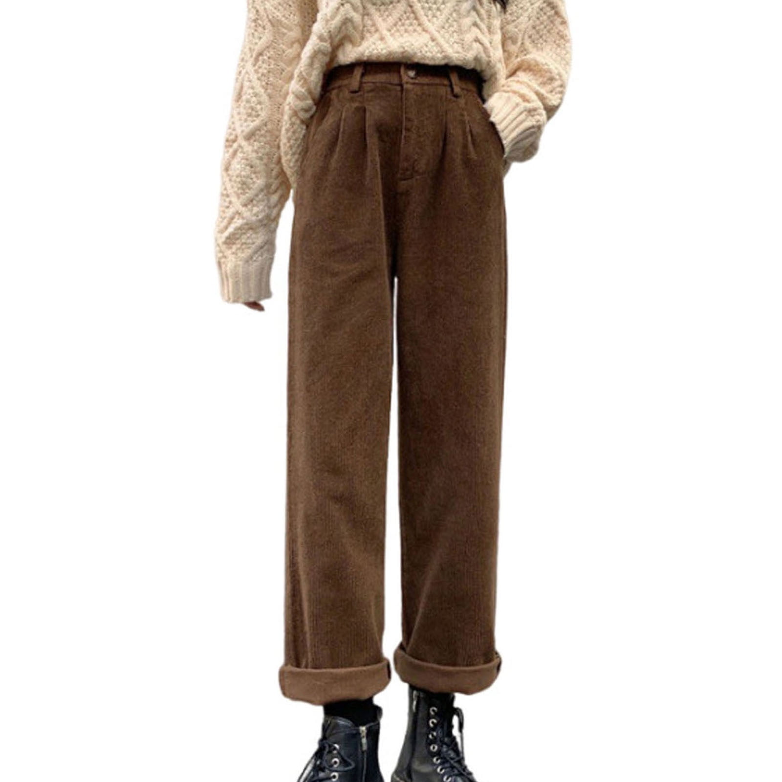 Blmnix Pleated Sweatpants for Women Corduroy Pants Plus Size Jeans Brown Cuffed Ankle High Pull ...