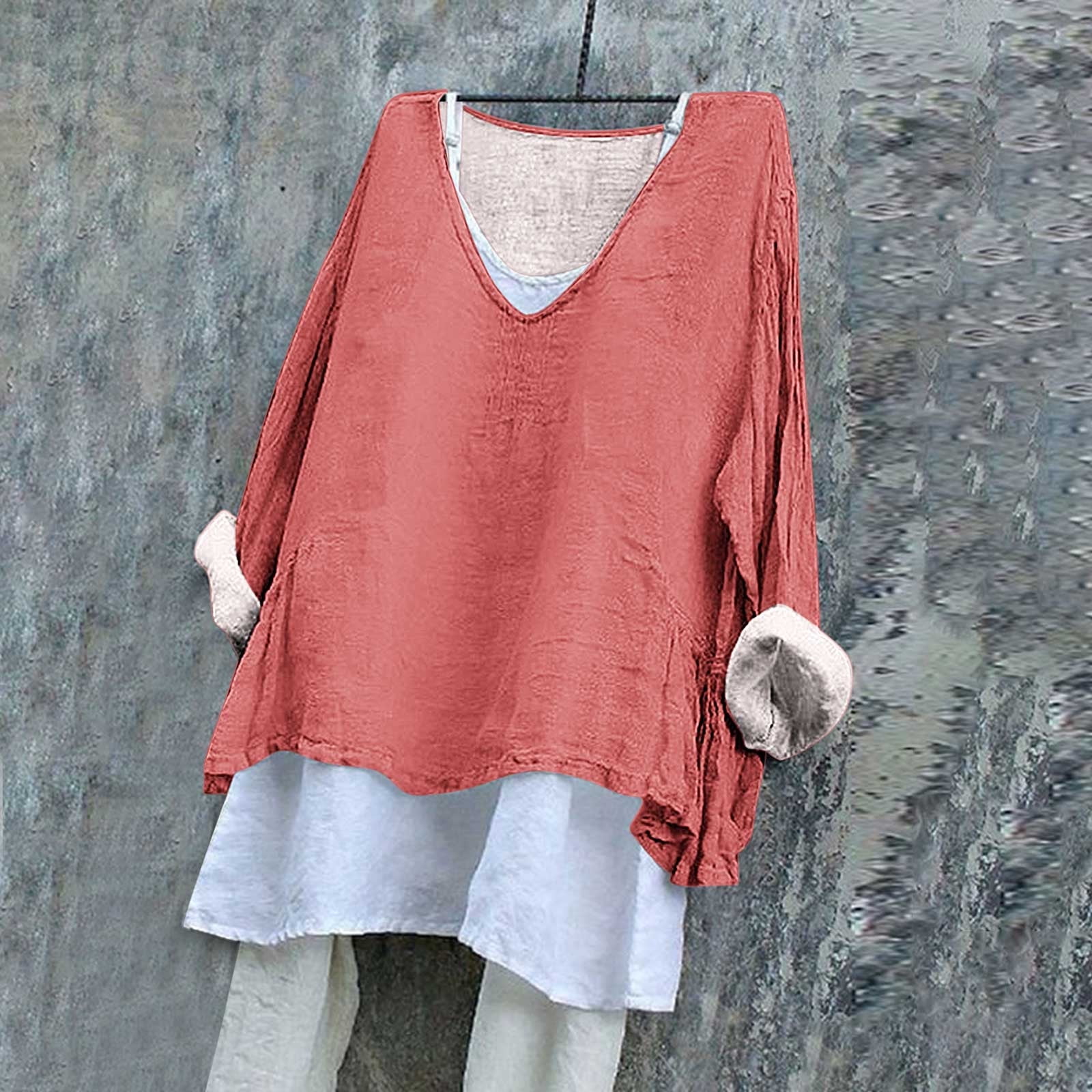 Blmnix Plus Size Casual Womens Tops Pink Long Sleeve Solid V-Neck Flowy ...