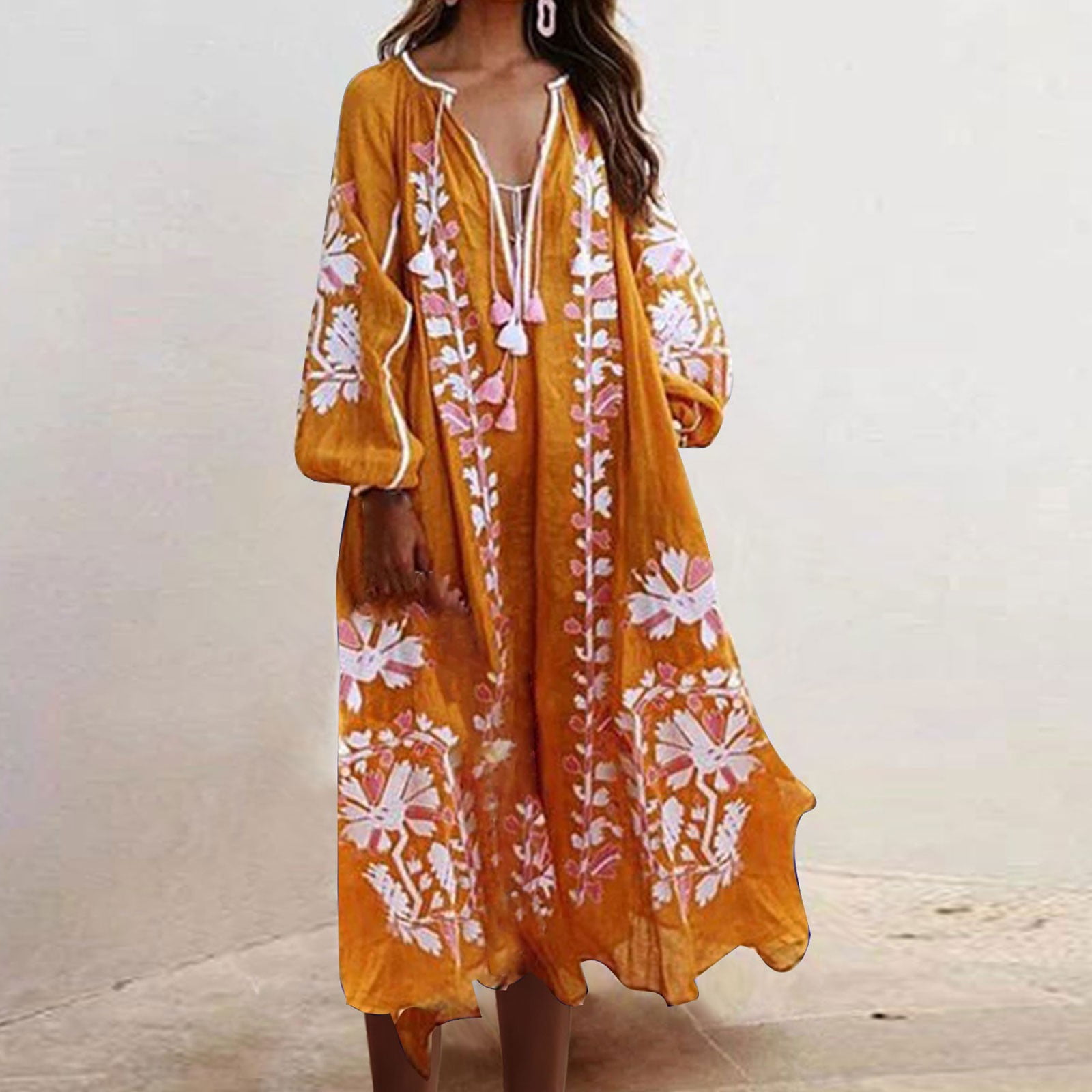 Blmnix Plus Size Women's Dresses Boho Dresses Shift Dress V-Neck Orange ...