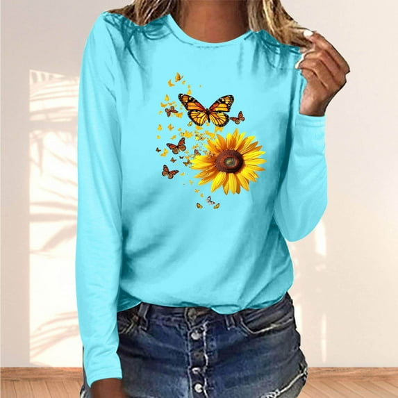 Blmnix Crew Neck Womens Tops Fall Basic Sky Blue Long Sleeve Print Business Shirts for Women ...