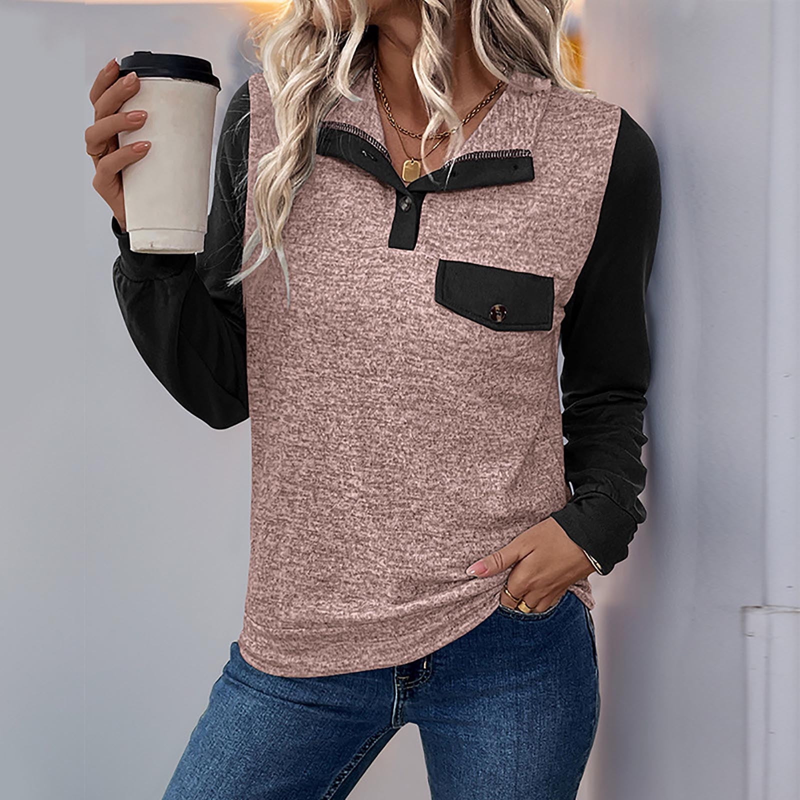 Blmnix Pocket Trendy Tops Patchwork Pink Cute Shirts V-Neck Long Sleeve ...