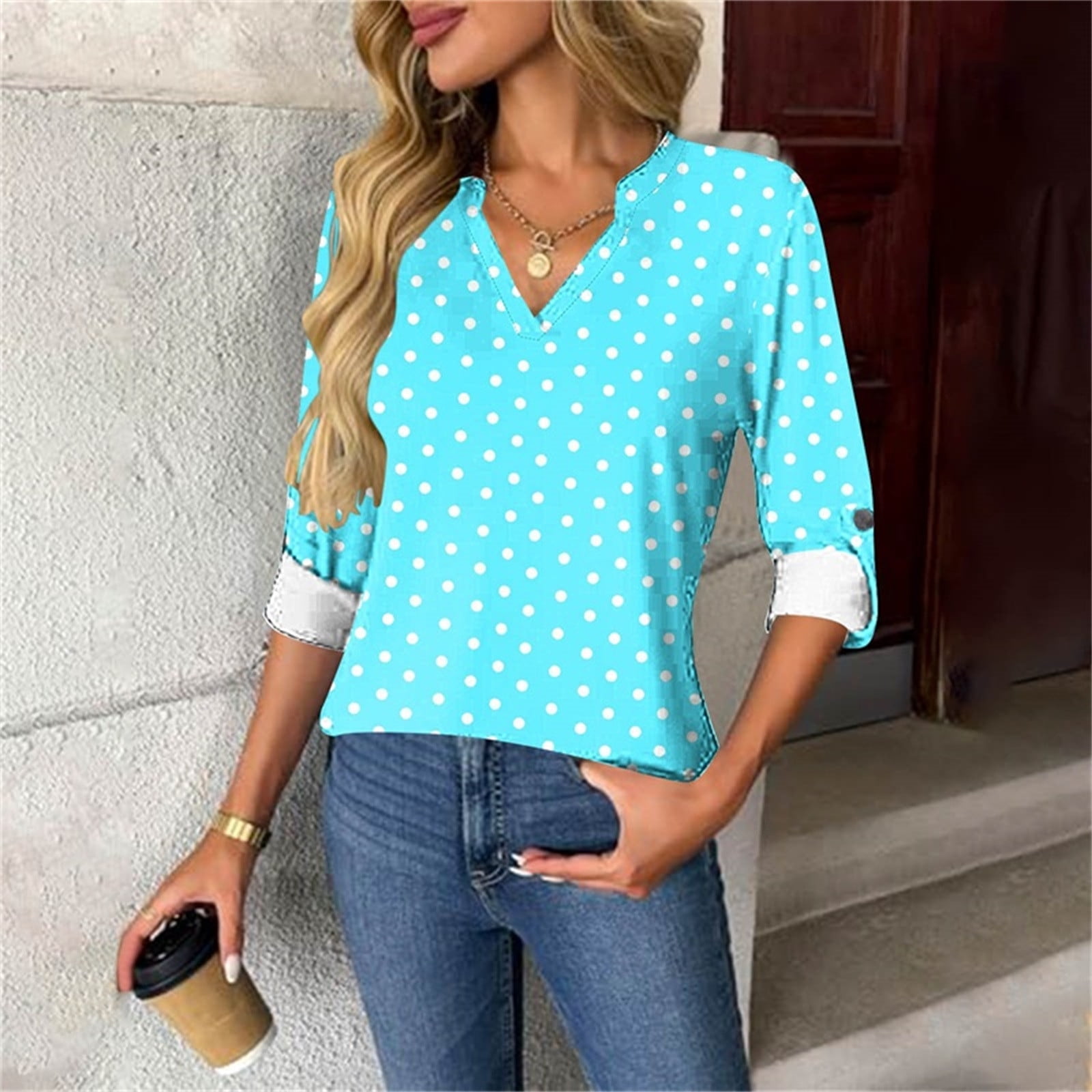 Blmnix Polka Dot Graphic Shirts for Women Loungewear Sky Blue Travel Womens T Shirts Loose Fit V ...