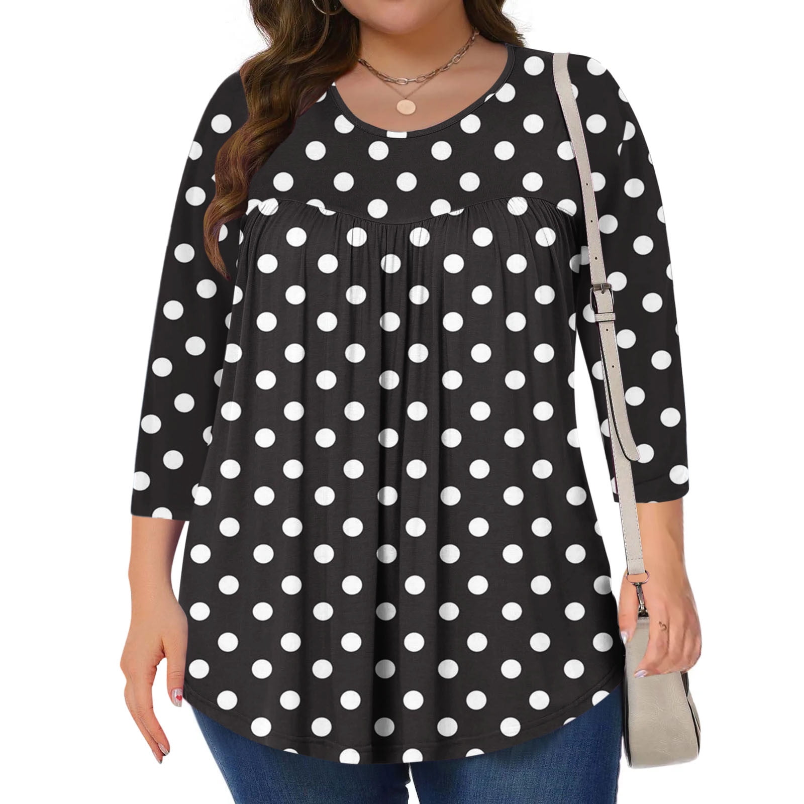 Blmnix Polka Dot Plus Size Tops for Women V-Neck Black Flowy Vintage ...