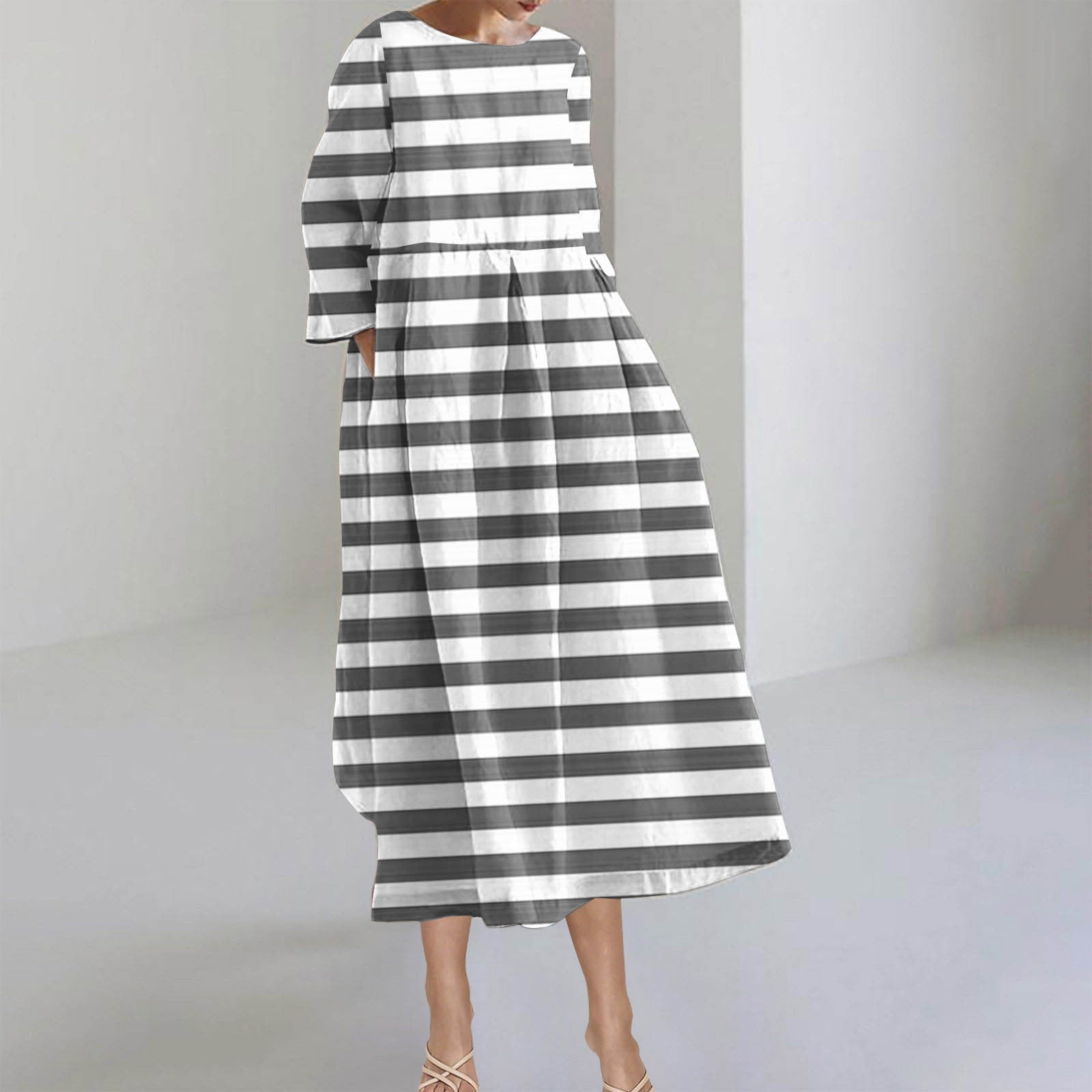 Blmnix Popover Fancy Dresses Striped Plus Size Dress Gray 3/4 Sleeve ...