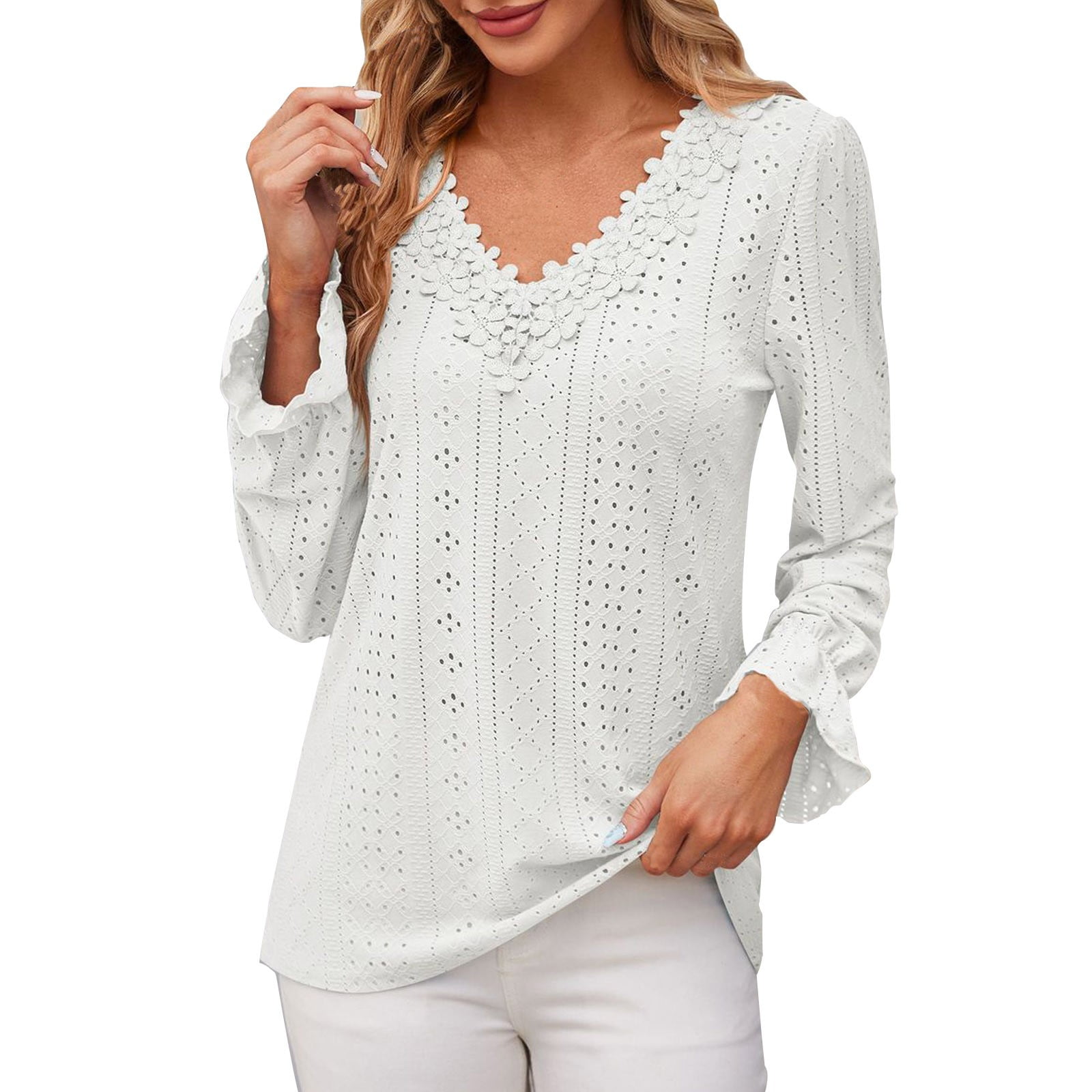 Blmnix Puff Sleeve Women's Fall Blouses Long Sleeve V-Neck White Solid ...