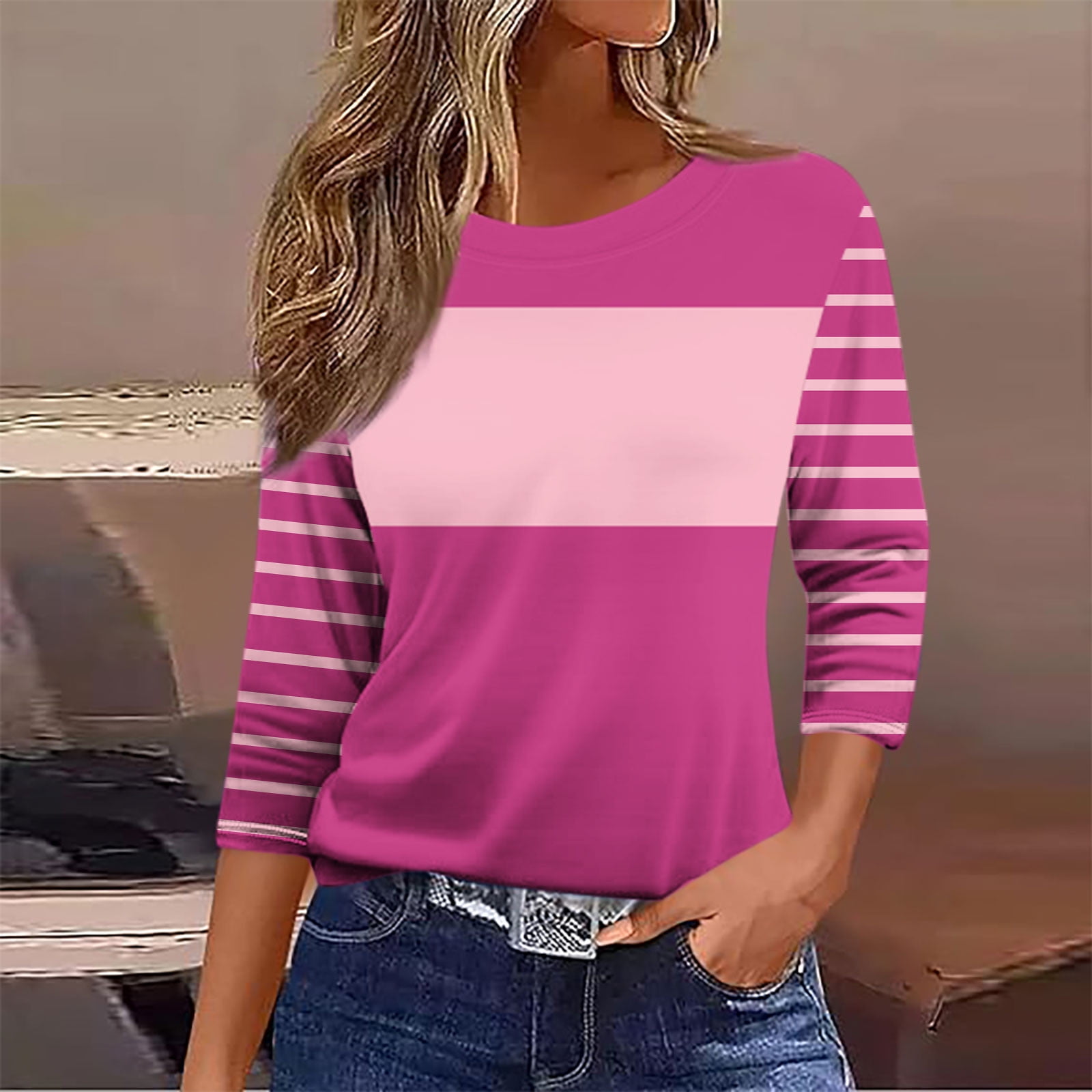 Blmnix Pullover Cute Shirts Striped Baggy Shirt 3/4 Sleeve Crew Neck ...